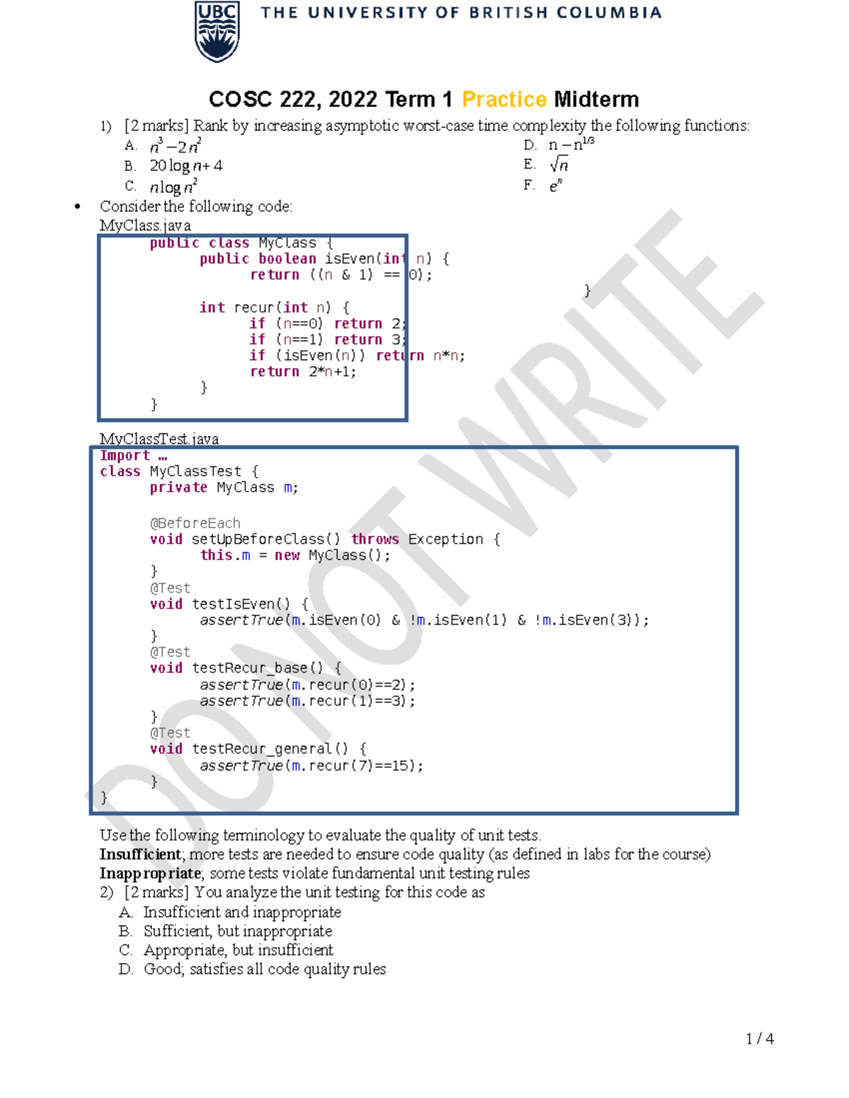 18 222 2022-1 midterm-practice-questions - COSC 222, 2022 Term 1 Practice Midterm 1) [2 marks ...