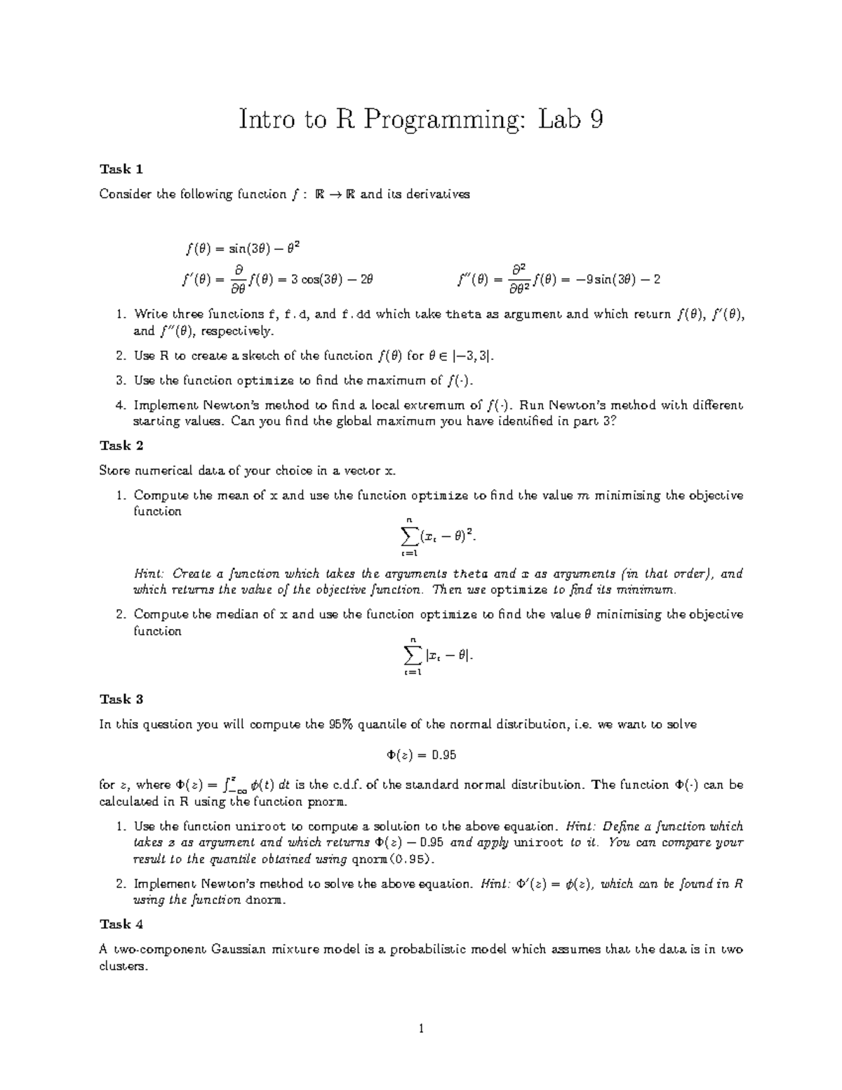 Lab 9 - Intro to R Programming: Lab 9 Task 1 Consider the following ...