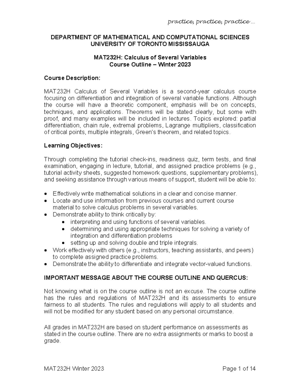 MAT232 Syllabus - DEPARTMENT OF MATHEMATICAL AND COMPUTATIONAL SCIENCES ...