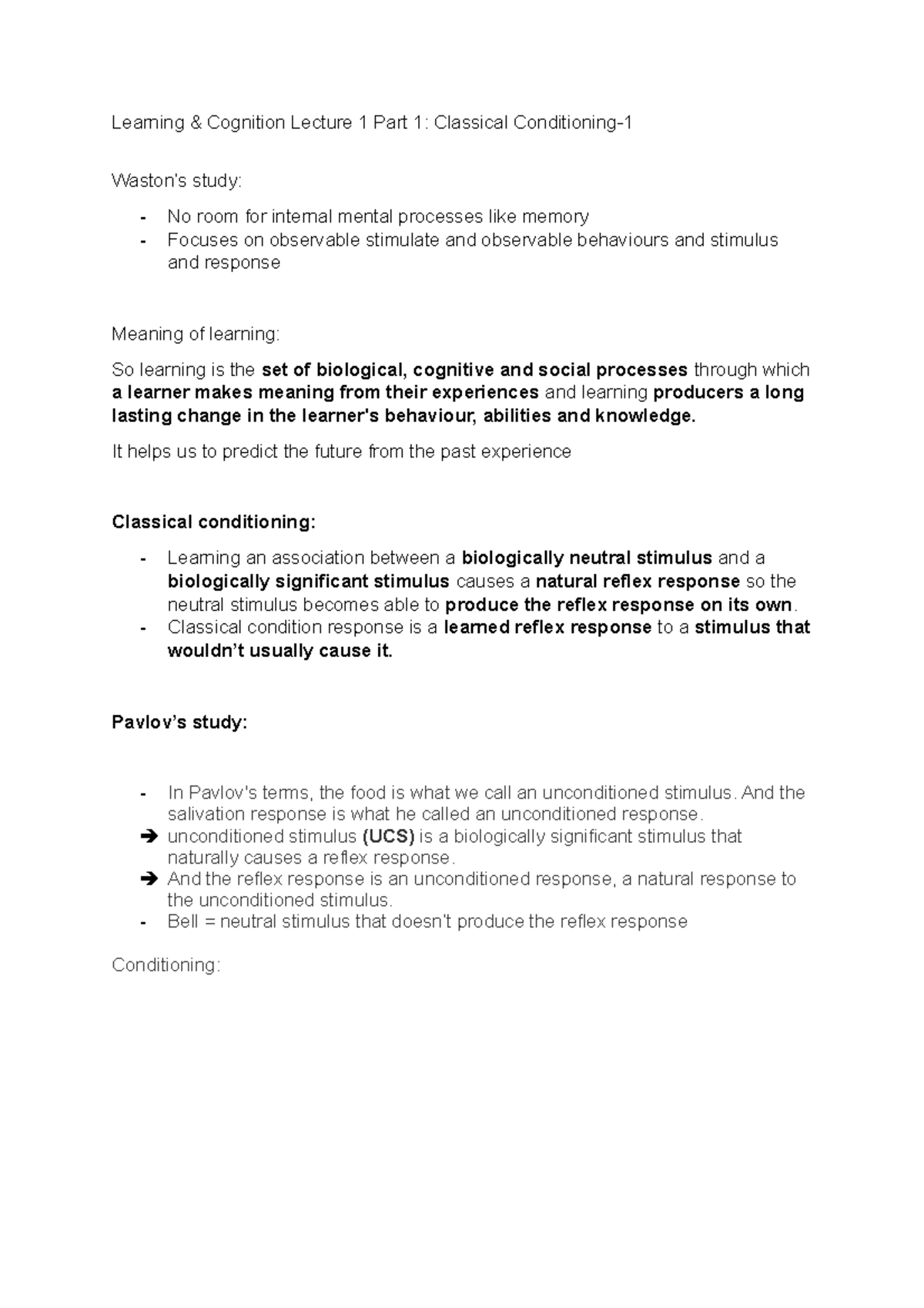 Lec1notes Lecture 1 Notes Learning And Cognition Lecture 1 Part 1 Classical Conditioning