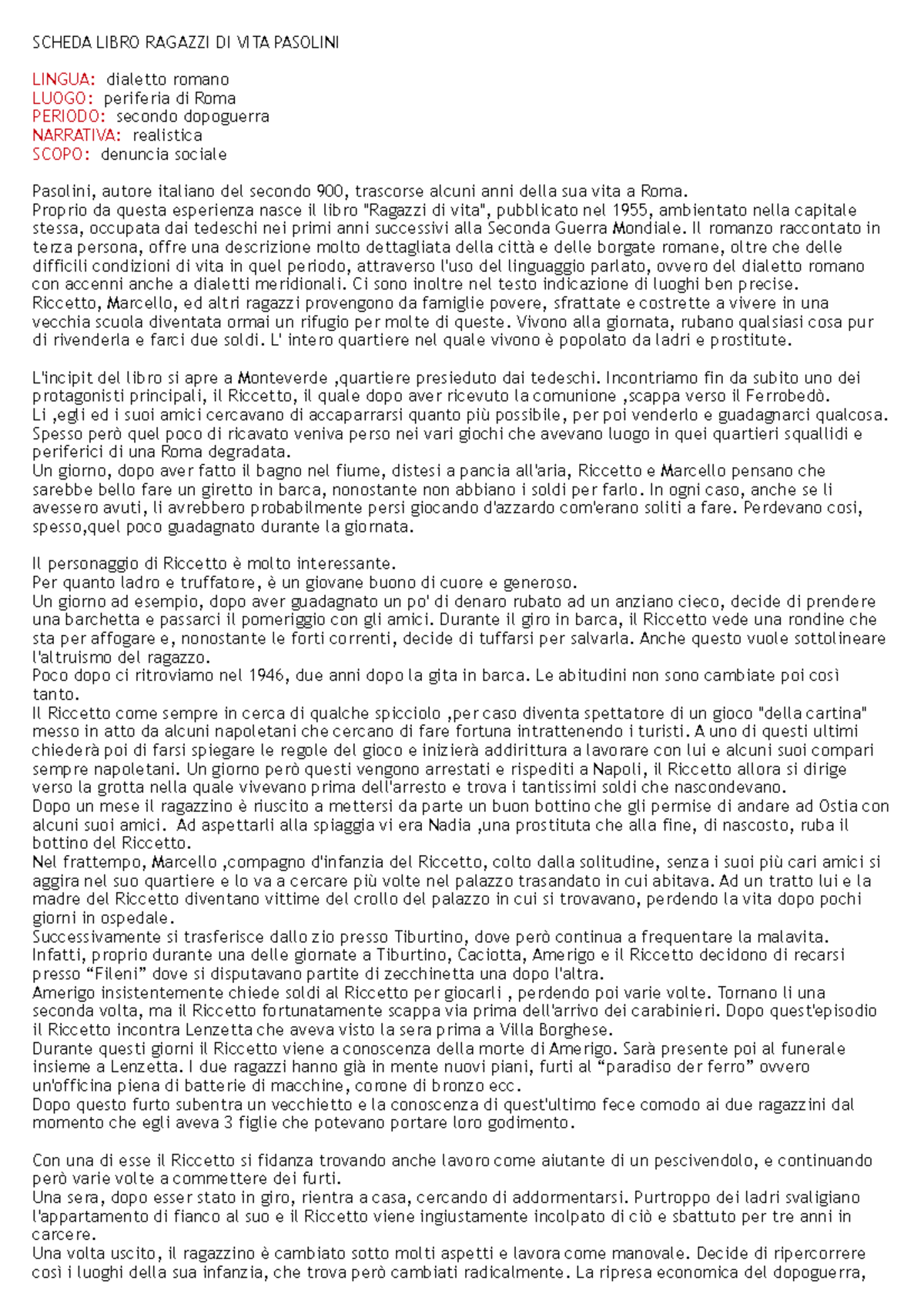 Ragazzi di vita - riassunto libro Pasolini - SCHEDA LIBRO RAGAZZI DI ...