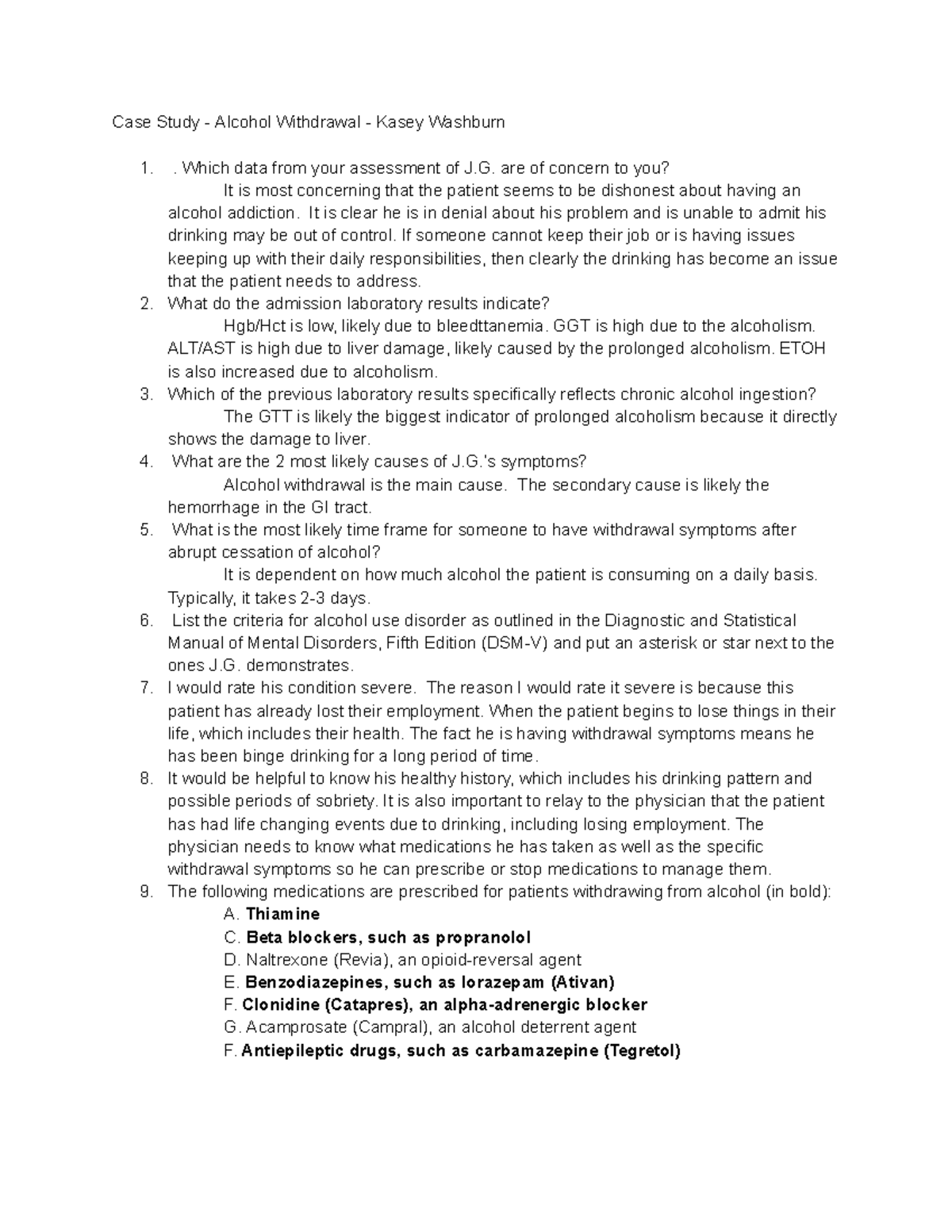 Case Study - Alcohol Withdrawal - . Which data from your assessment of ...