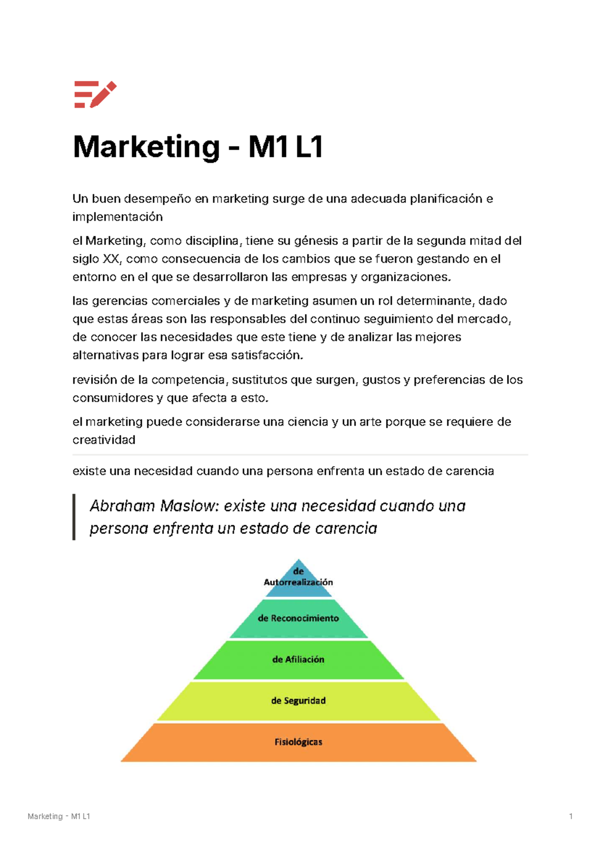 Marketing - M1 y 2 - Marketing - M1 L Un buen desempeño en marketing surge de una adecuada - Studocu