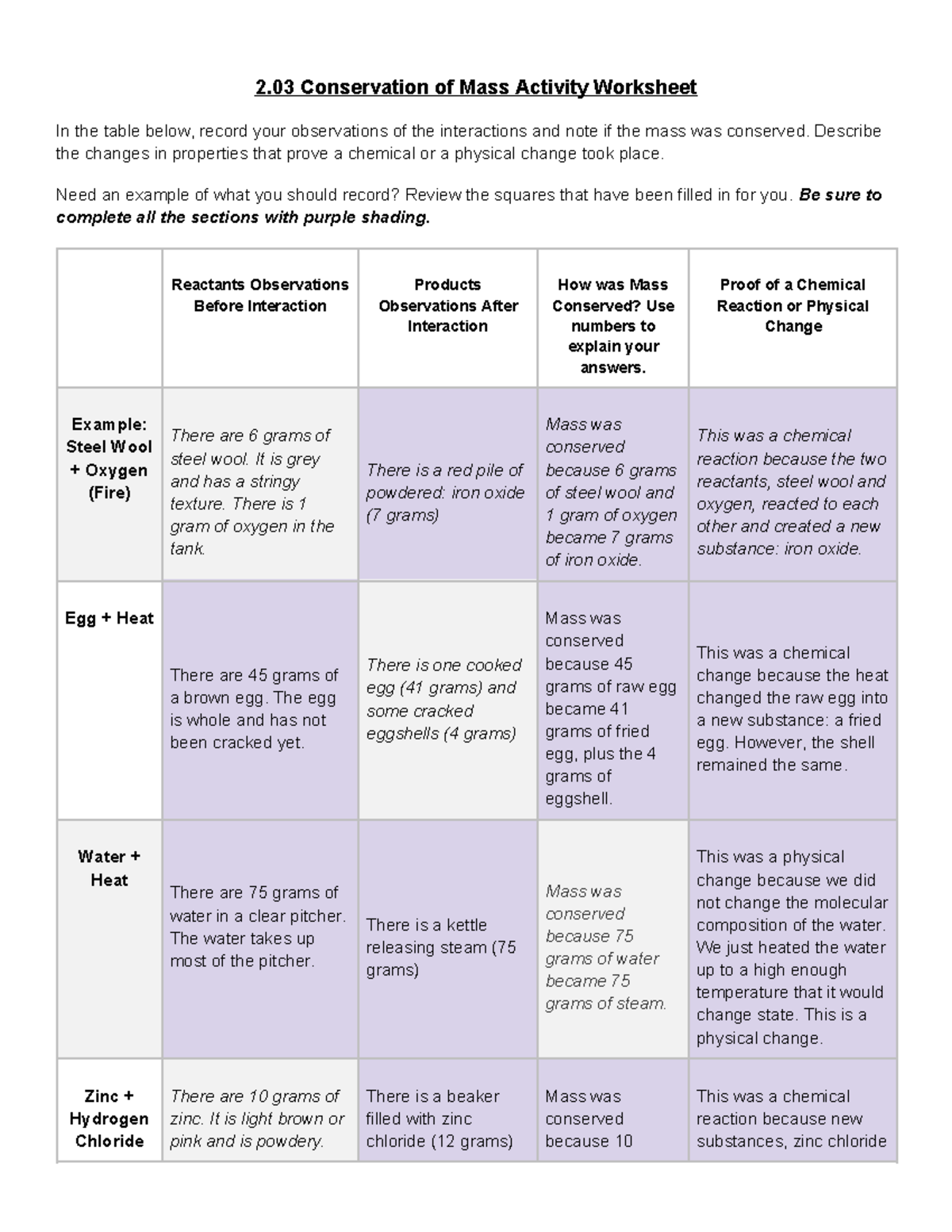 Conservation mass activity worksheet - 2 Conservation of Mass Activity ...