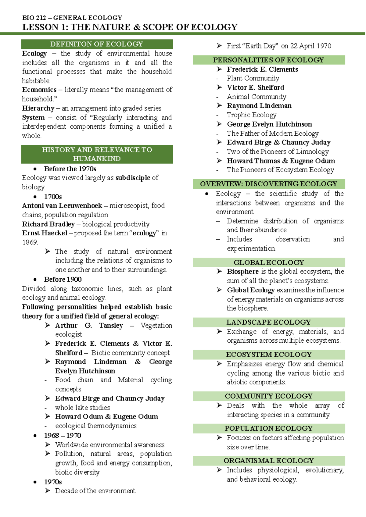 General Ecology Lesson 1 - LESSON 1: THE NATURE & SCOPE OF ECOLOGY ...