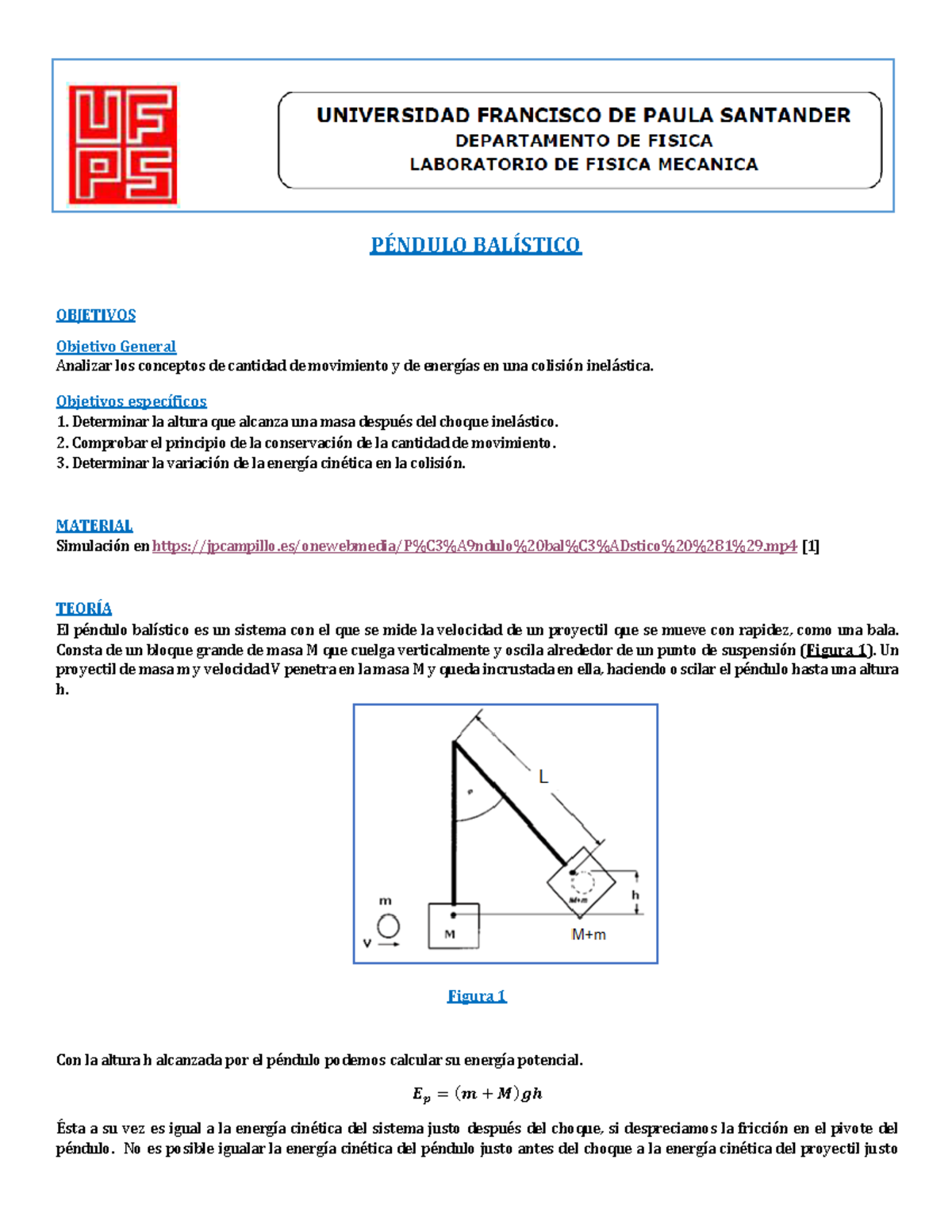 Laboratorio- Péndulo Balístico - PÉNDULO BALÍSTICO OBJETIVOS Objetivo ...
