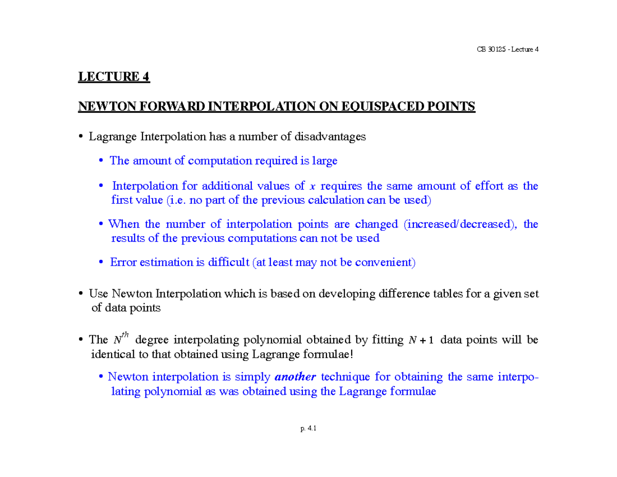 Newtons forward differnce formula - LECTURE 4 NEWTON FORWARD ...