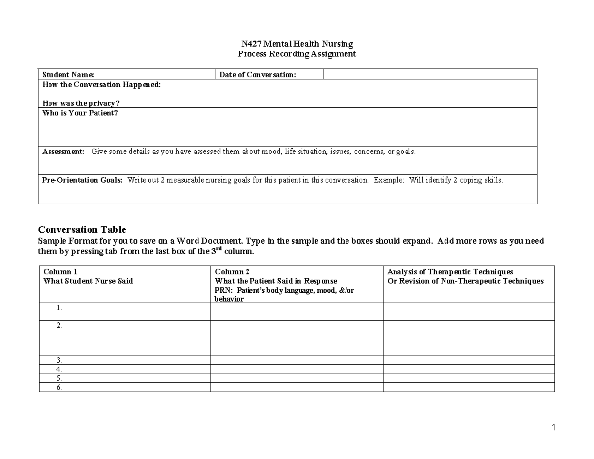 Mental Health Nursing Process Recording Template 2020mm-1 - Tagged ...
