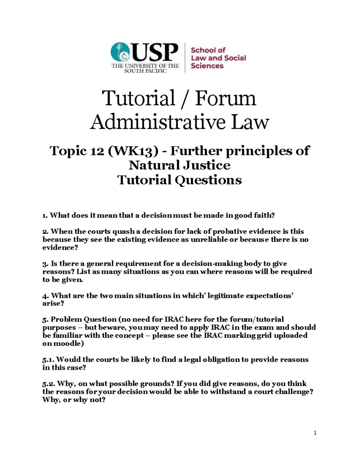 Tutorial Forum 12 WK13 Questions LW309 Sem2 2021 - Property law - USP ...