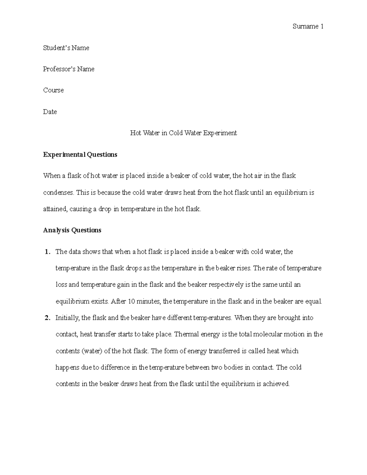 Physics Experiment on Hot Water in Cold Water Experiment - Student’s ...