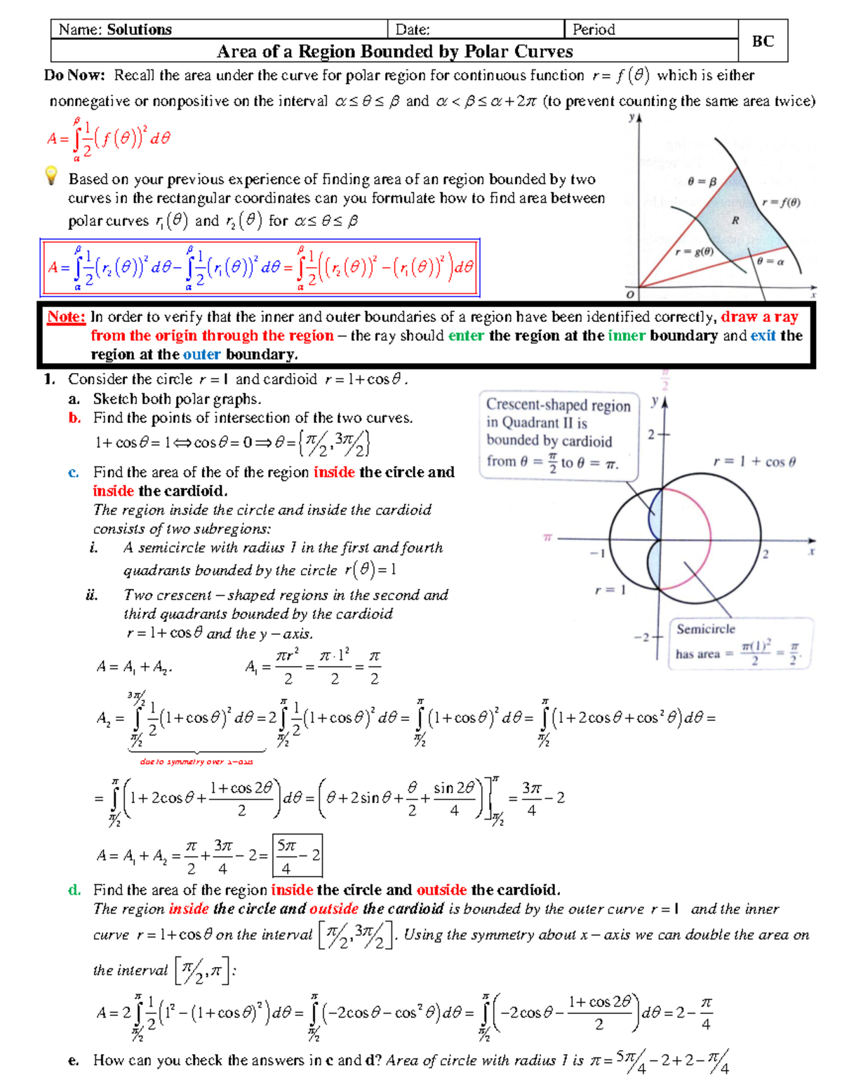 P06 - SL - Area of a Region Bounded by Polar Curves - Worksheet - Name ...