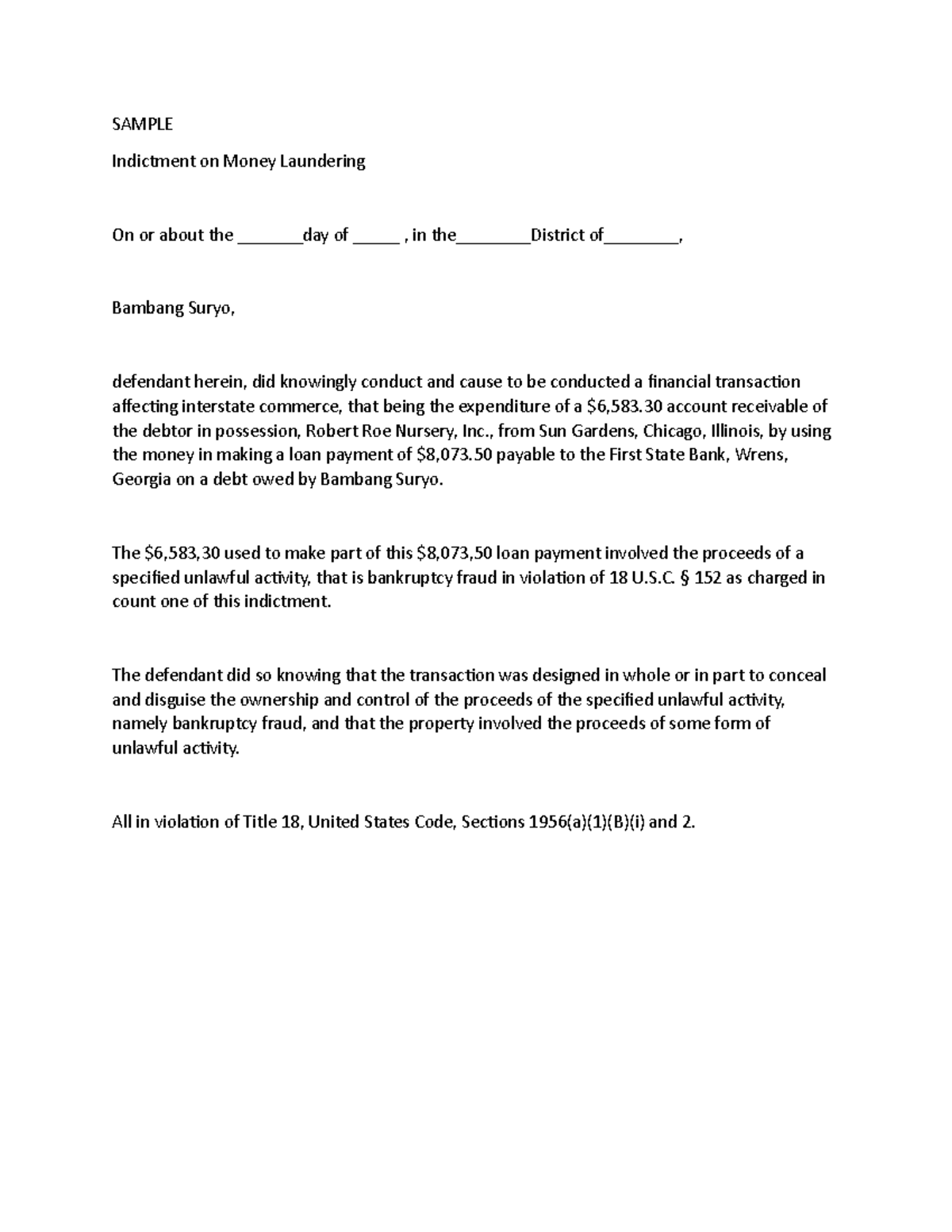 Indictment on Money Laudering - SAMPLE Indictment on Money Laundering ...