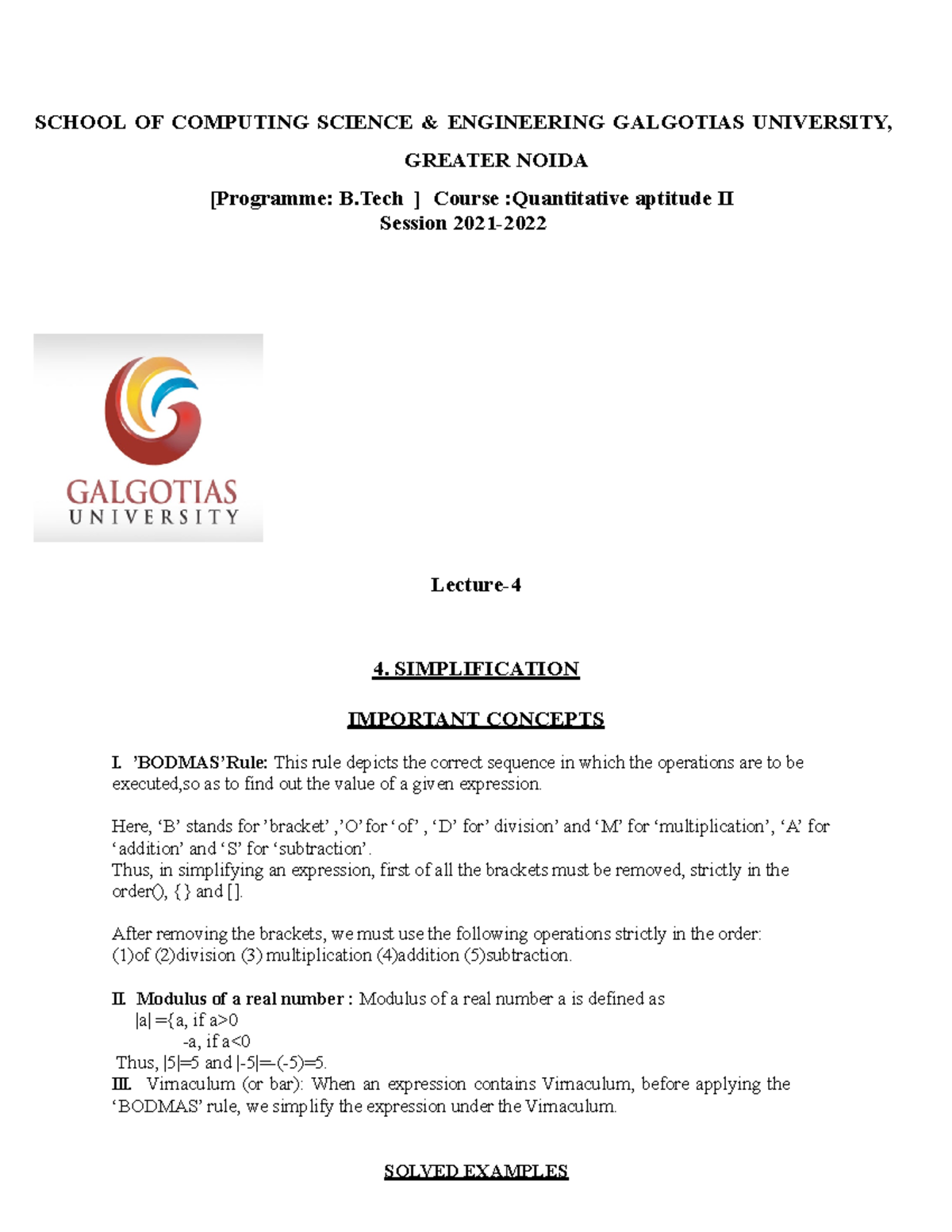 quantitative aptitude lecture 4 @ Galgotias university - SCHOOL OF COMPUTING SCIENCE & - Studocu