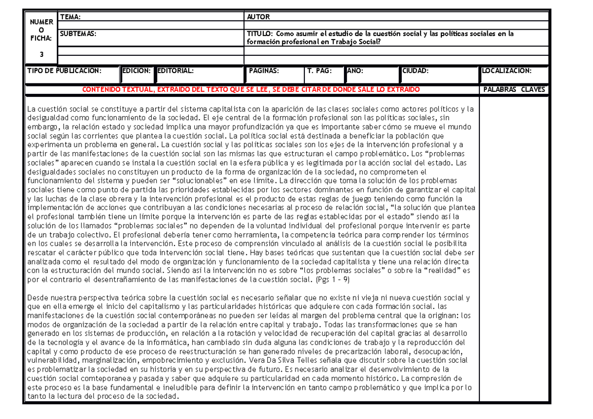 Ficha Bibliografica 3 - aportes cuestion social - NUMER O FICHA: 3 TEMA ...