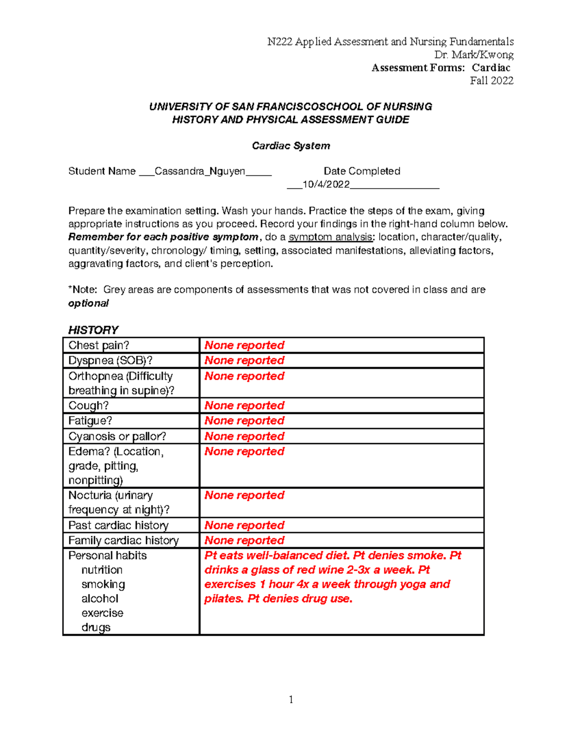 CV Assess Form N222 F22 - Cardio form - Dr. Mark/Kwong Assessment Forms ...