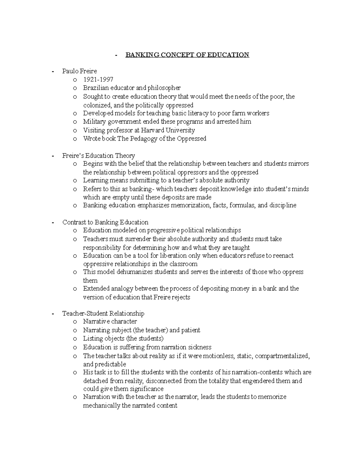 Readings - fury - BANKING CONCEPT OF EDUCATION Paulo Freire o 1921- o ...