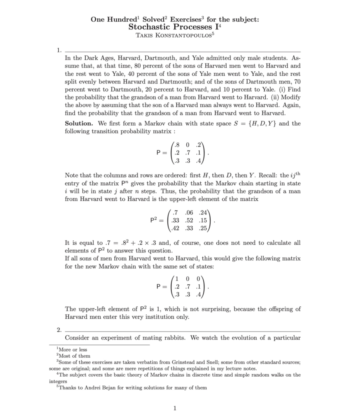 Stochastic Processes Exercises by Takis Konstantopoulos (3) - One ...