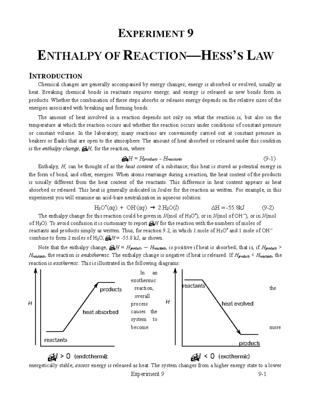 Uof C GL09 Lab - Lab document for lab 9 - EXPERIMENT 9 ENTHALPY OF REACTION—HESS’S LAW ...