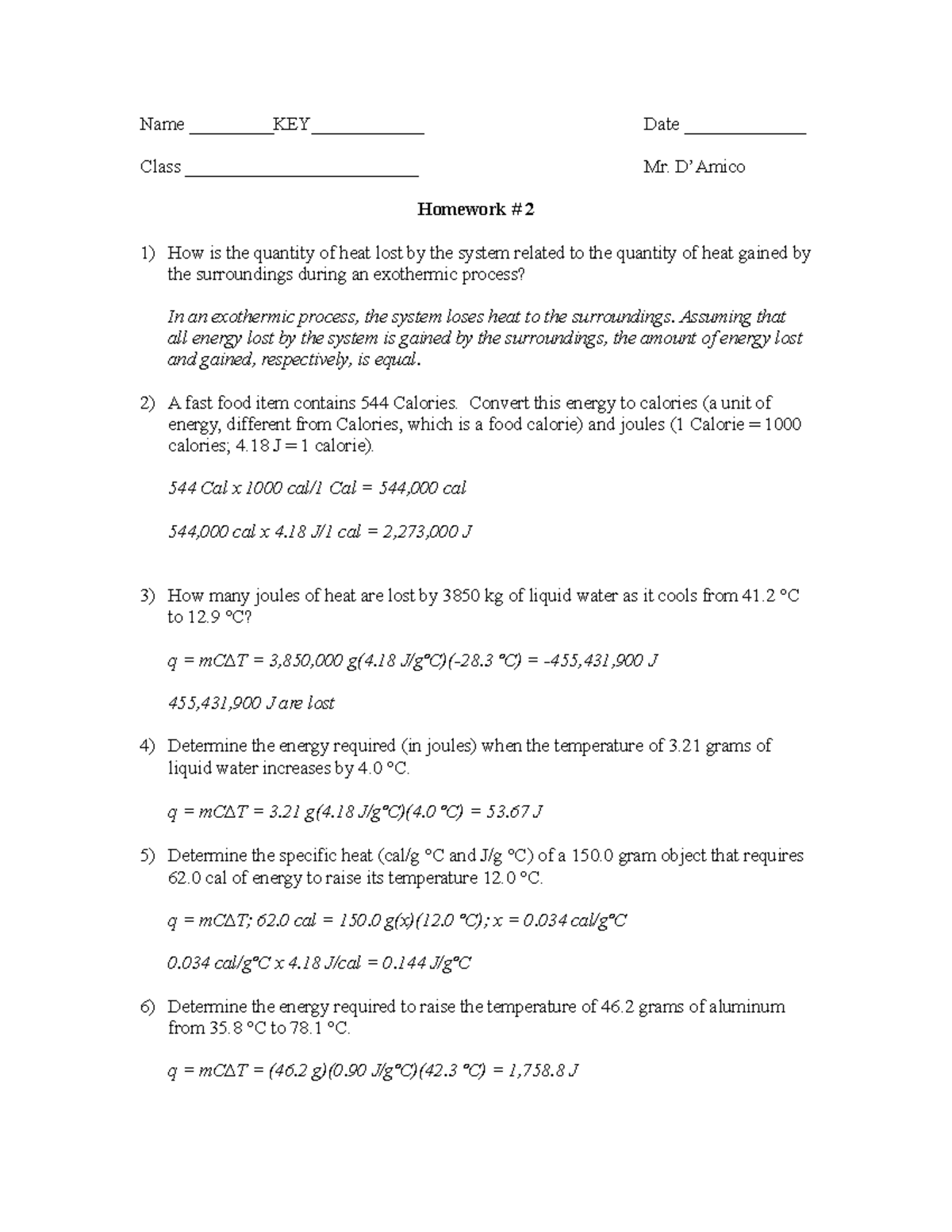 HW 2 Answer Key - aaaaaaaaaa - Name KEY___ Date _____________ Class _________________________ Mr ...