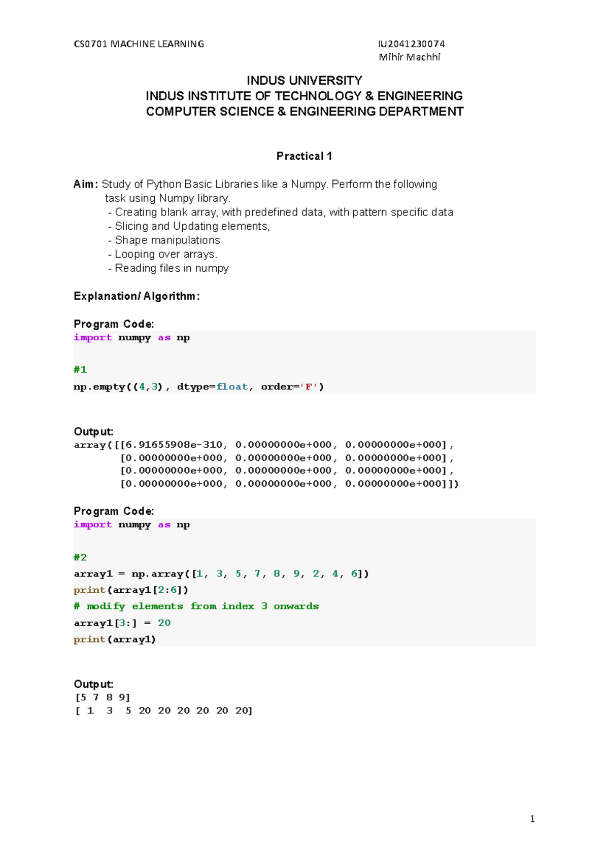 LAB 123 - Mihir Machhi INDUS UNIVERSITY INDUS INSTITUTE OF TECHNOLOGY ...