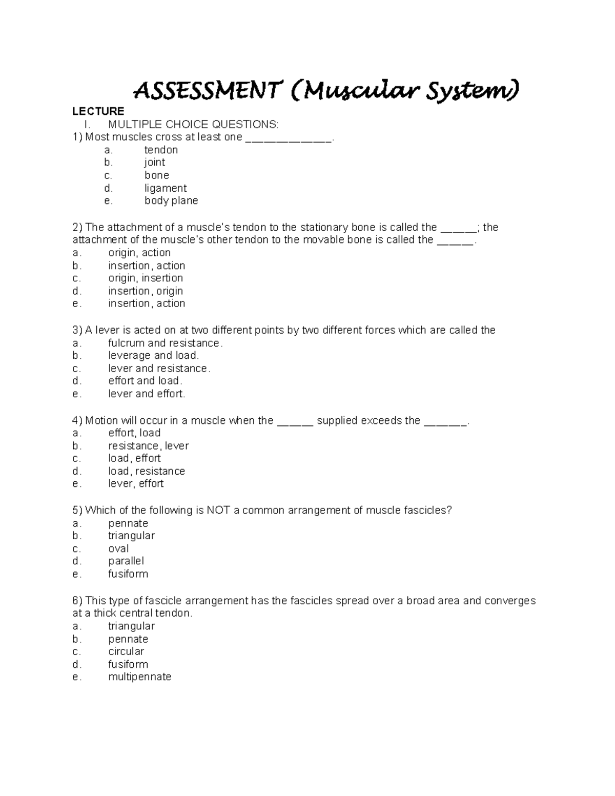 Muscular Practice QUIZ 1 - ASSESSMENT (Muscular System) LECTURE I ...