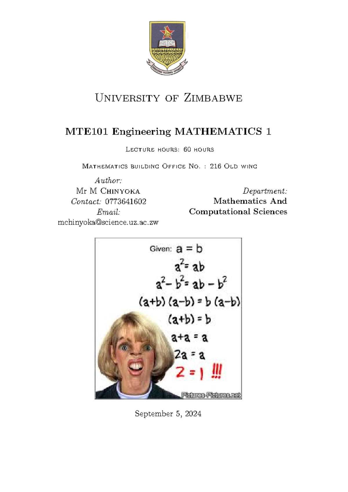 MTE101Eng Matheatics 1 - University of Zimbabwe MTE101 Engineering ...