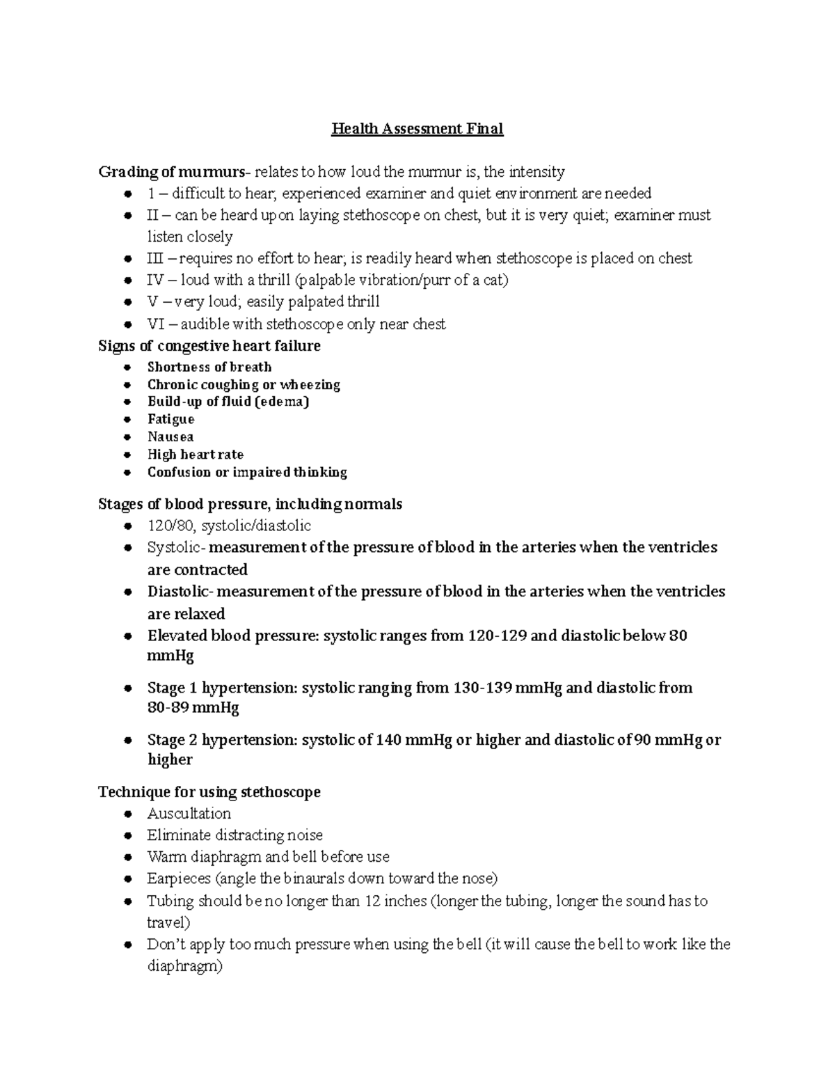 Health Assessment Final - Health Assessment Final Grading of murmurs ...