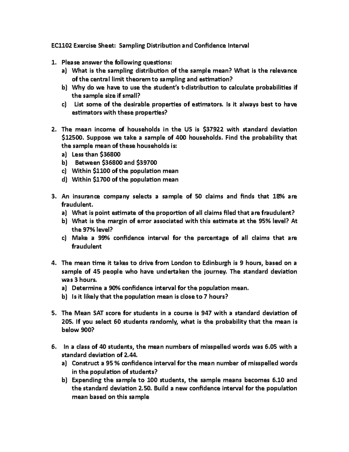 PS6 Sampling theory - Seminar - EC1102 Exercise Sheet: Sampling Distribution and Confidence ...
