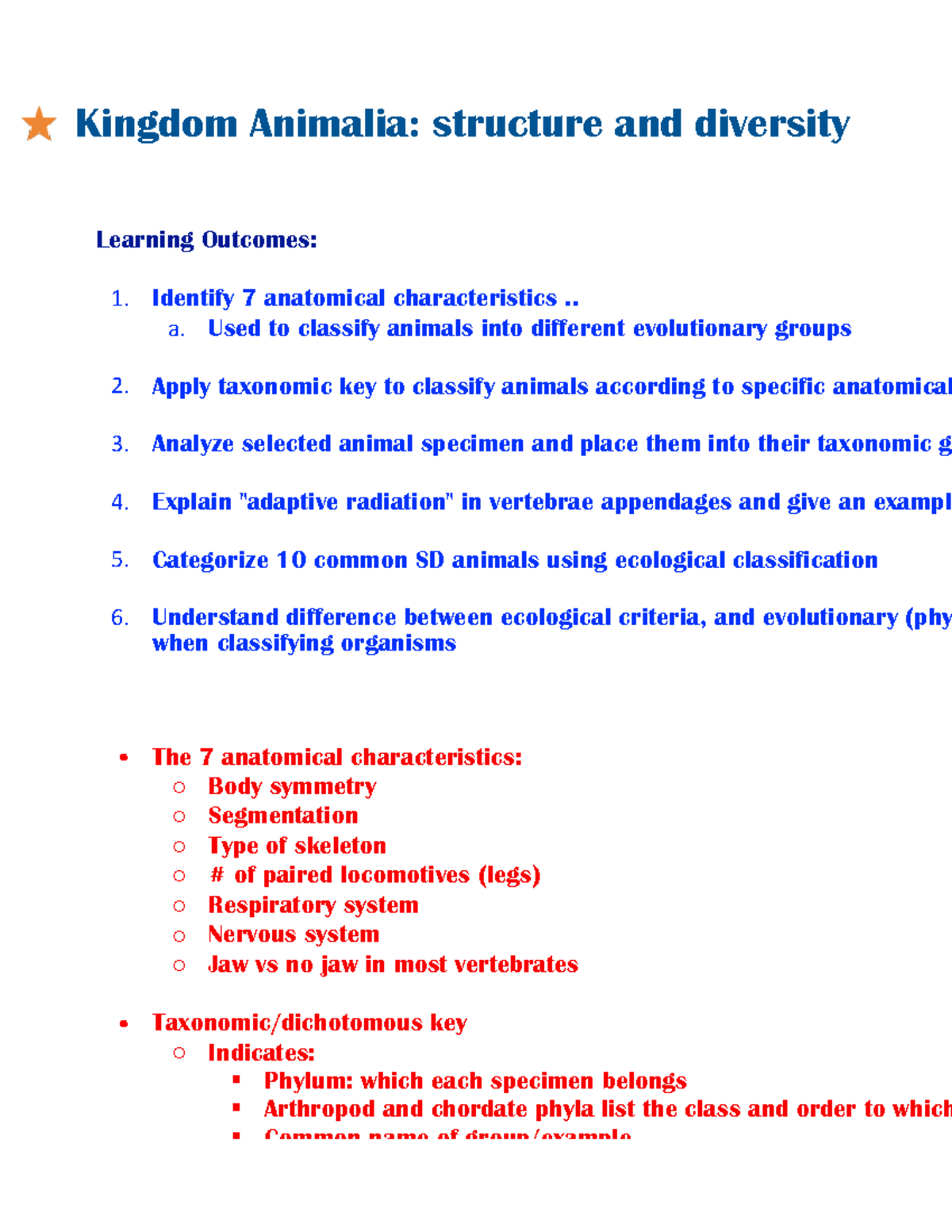 Kingdom Animalia structure and diversity - Learning Outcomes: Identify ...