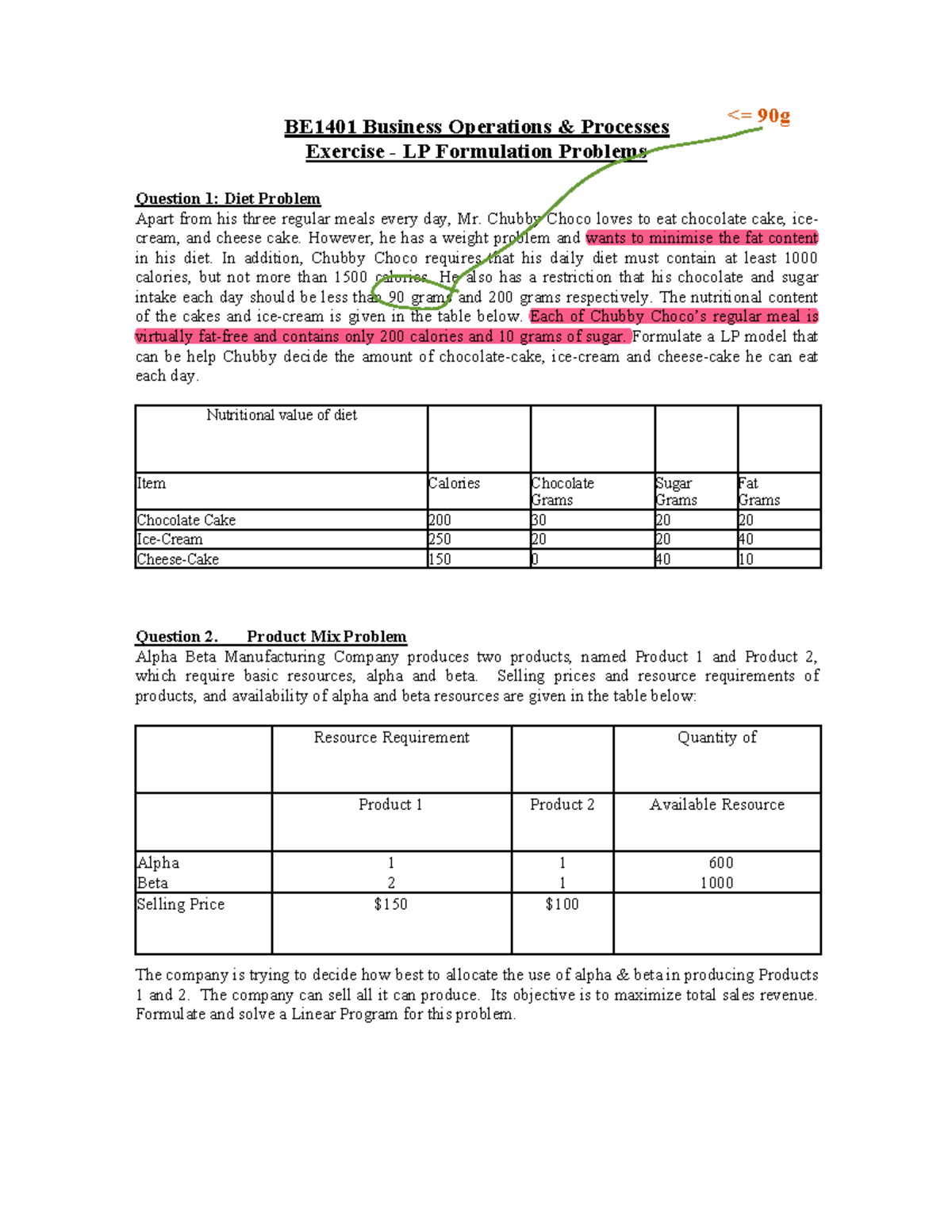 Exercise 1 LP Applications - BE1401 Business Operations & Processes Exercise - LP Formulation ...