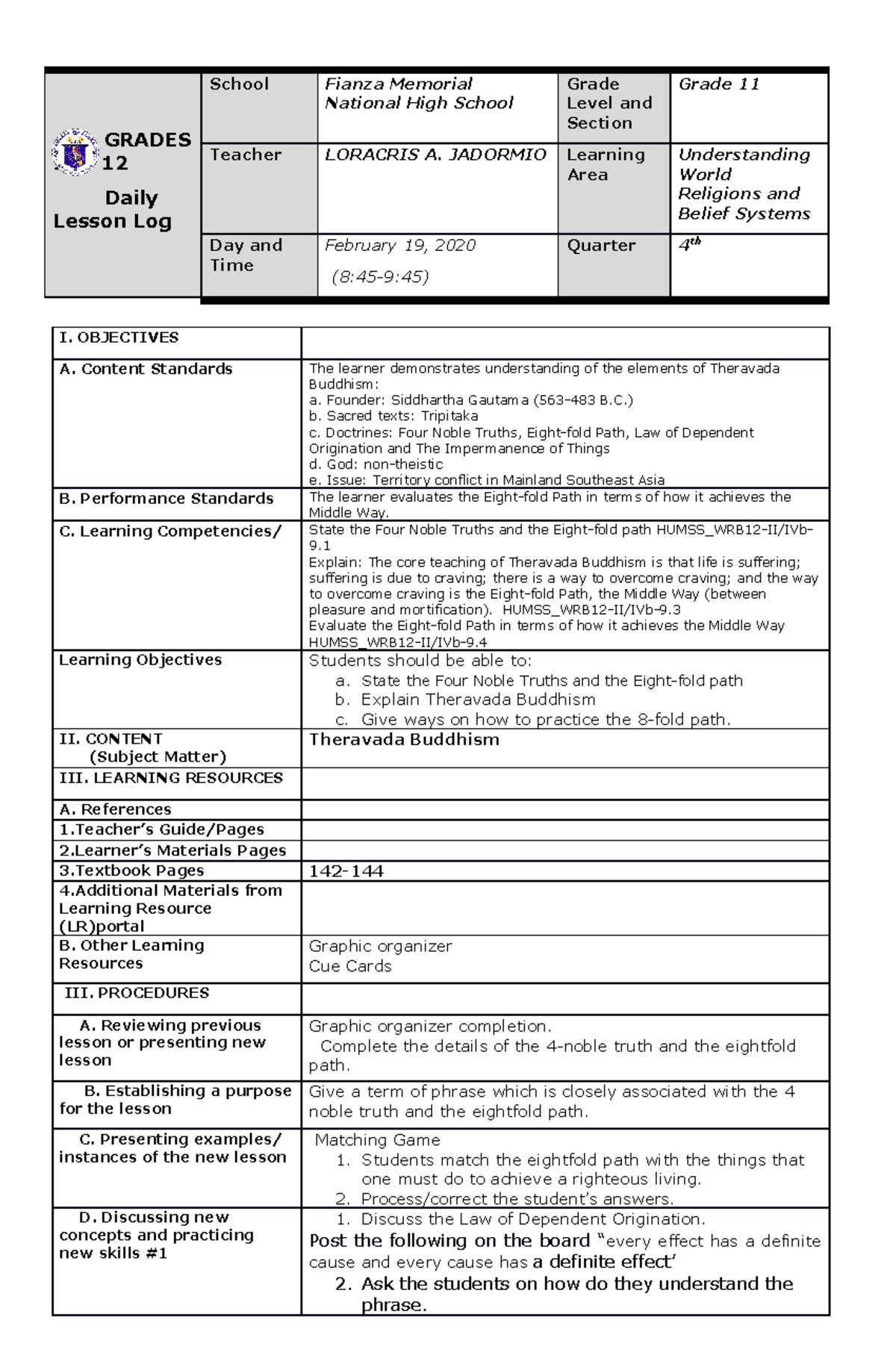 Daily log - plan - GRADES 1 to 12 Daily Lesson Log School Fianza ...