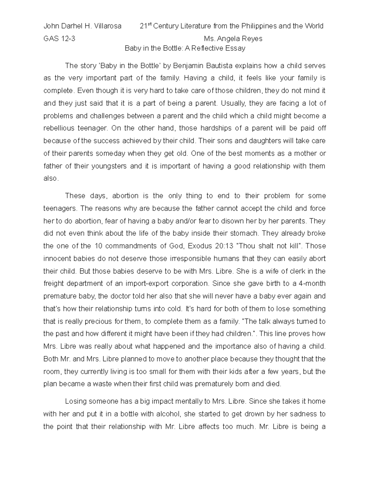 Reflective Essay (Pamantasan ng Lungsod ng Valenzuela) - John Darhel H ...