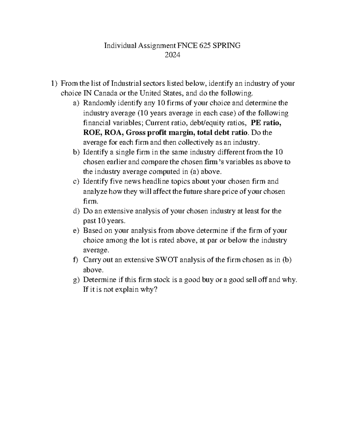 Individual Assignment FNCE 625 Spring 2024 - Individual Assignment FNCE ...