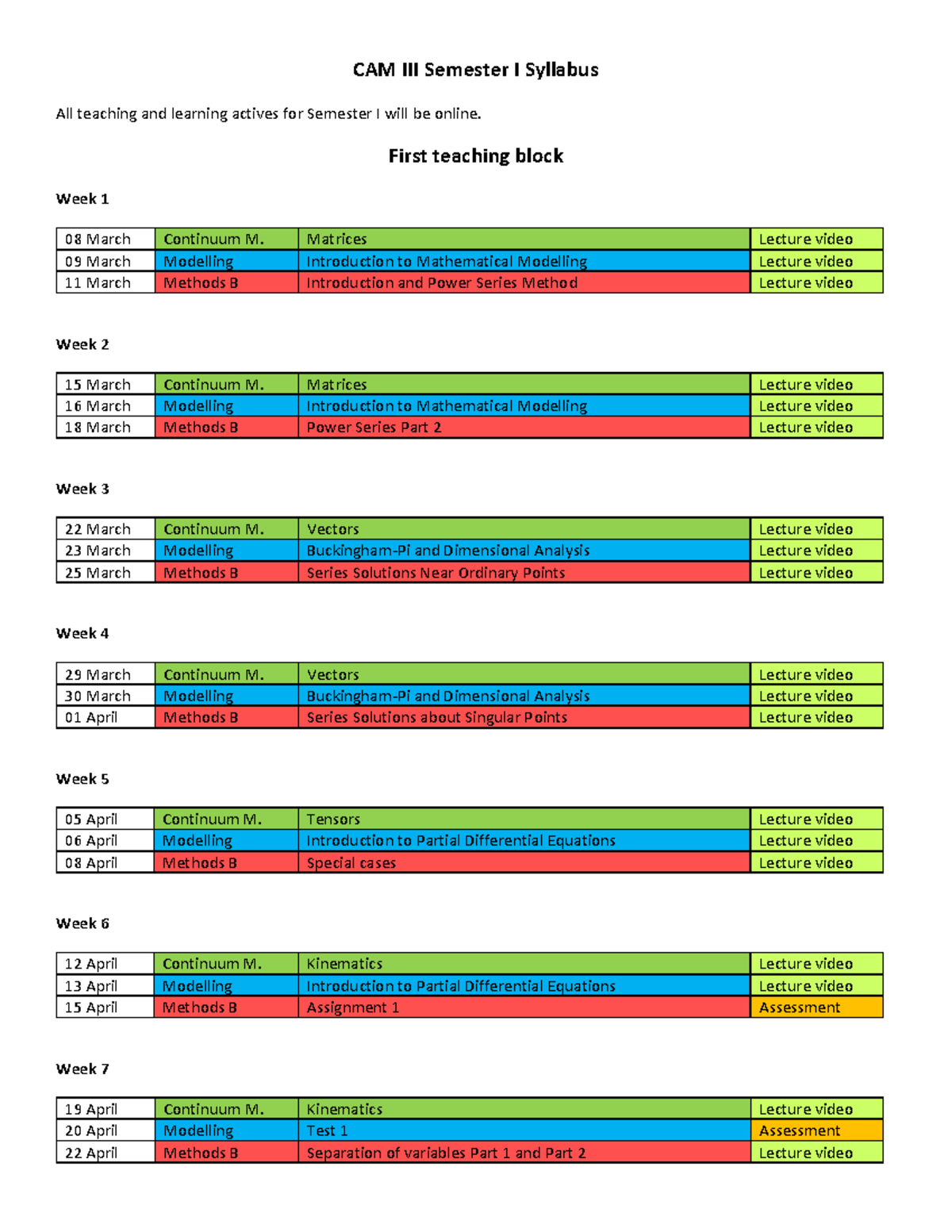 CAM III Semester I Syllabus - First teaching block Week 1 08 March ...