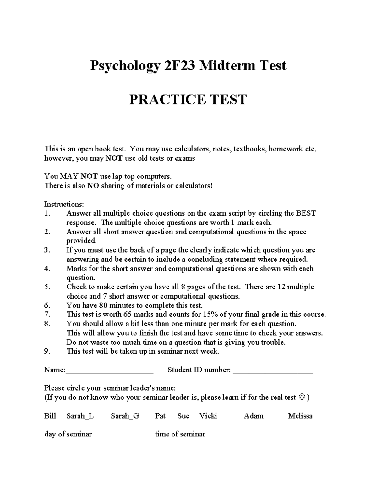 Midterm Test 1 (Practice 1) - Psychology 2F23 Midterm Test PRACTICE ...
