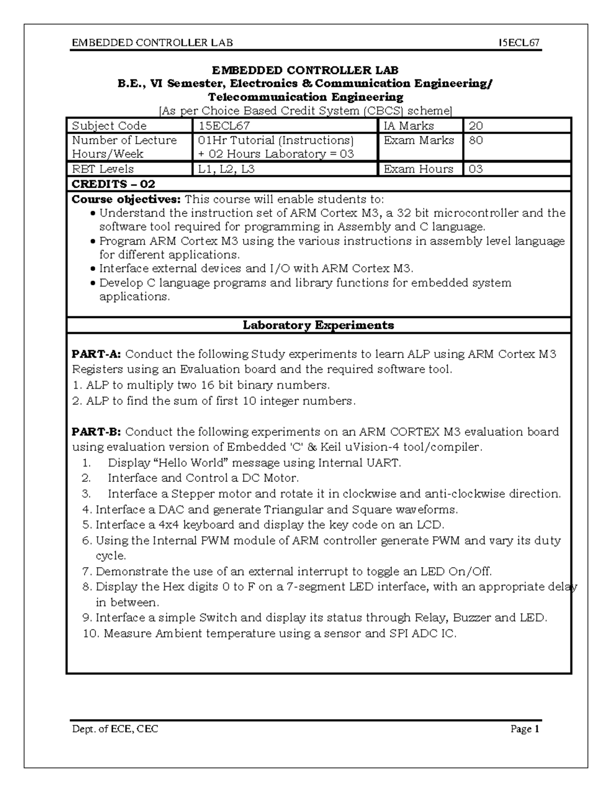 ARM LAB manual 2019 - its good - EMBEDDED CONTROLLER LAB B., VI ...