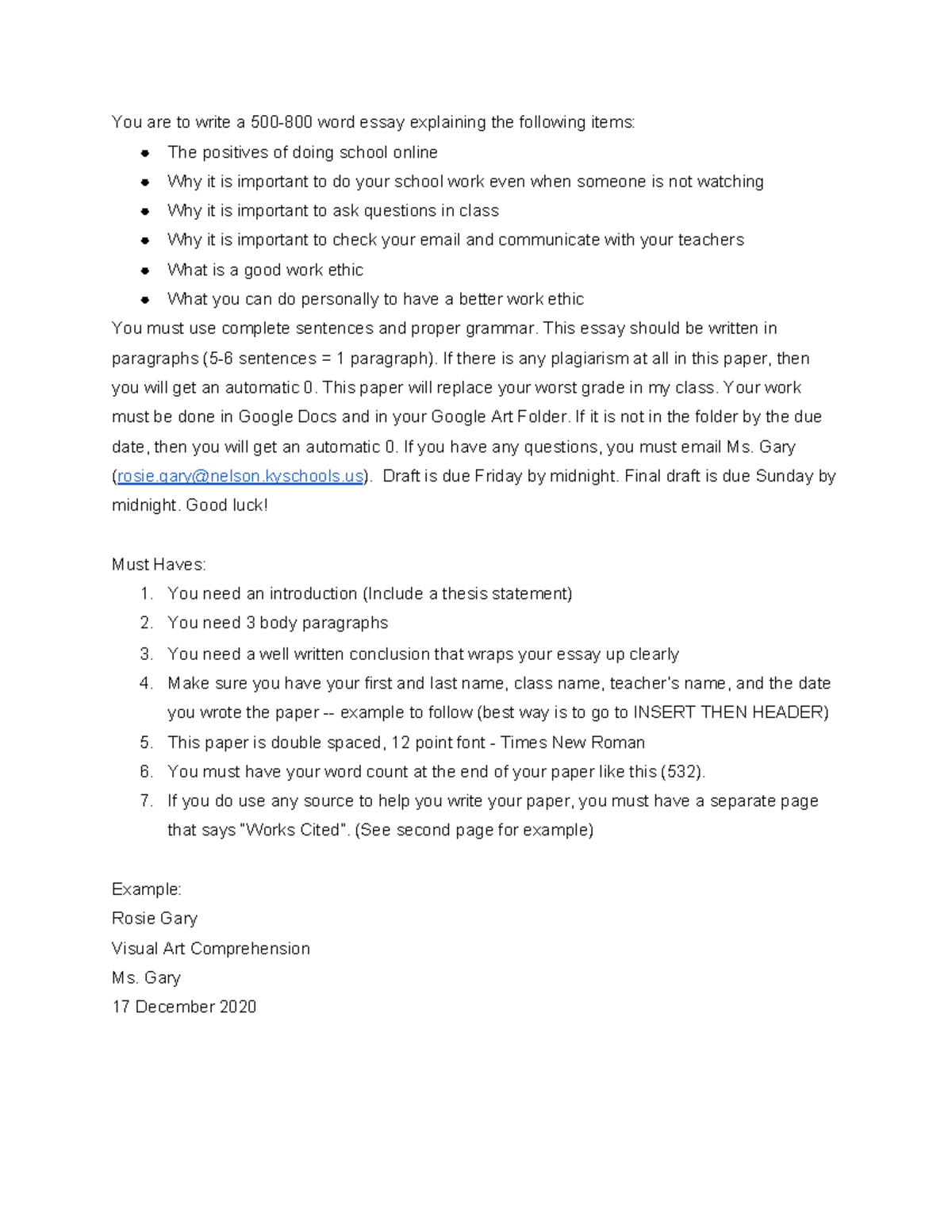 Essay Assignment - I need answers - You are to write a 500-800 word ...