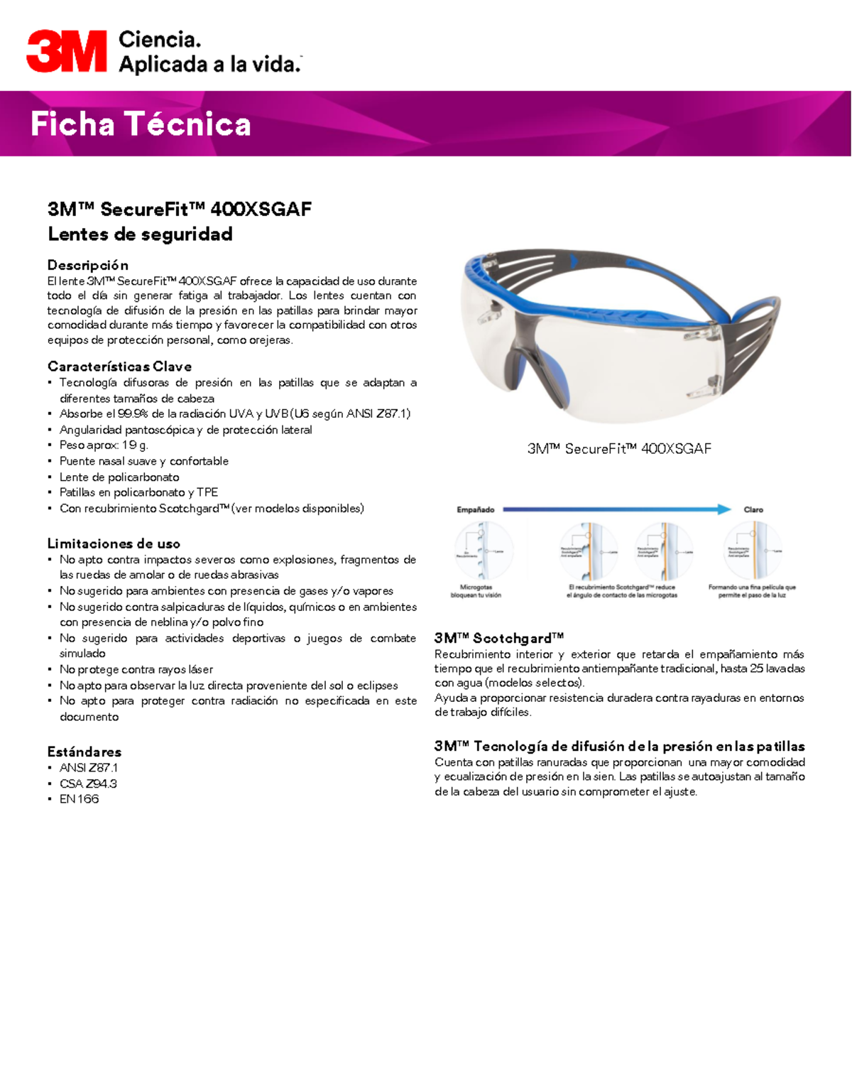 3M Secure Fit SF400X con Desempañante - Ficha TÈcnica 3M™ SecureFit ...