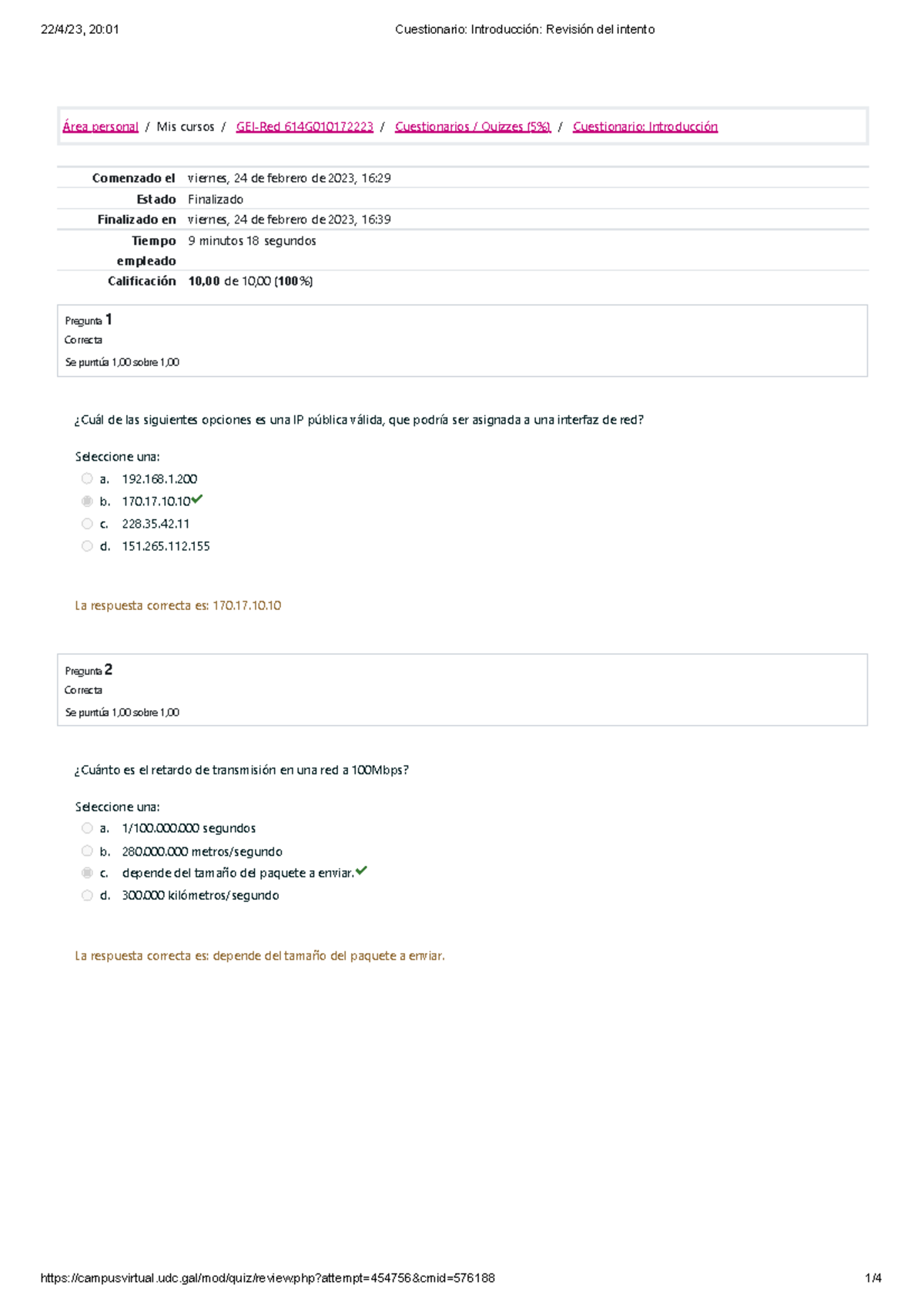 Cuestionarios redes 2023 - 22/4/23, 20:01 Cuestionario: Introducción: Revisión del intento Área ...