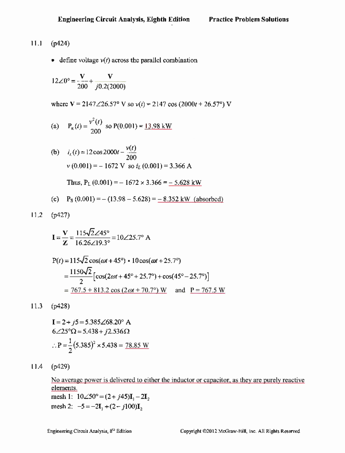 Ch11Solutions Practice Problems - Engineering Circuit Analysis, Eighth ...