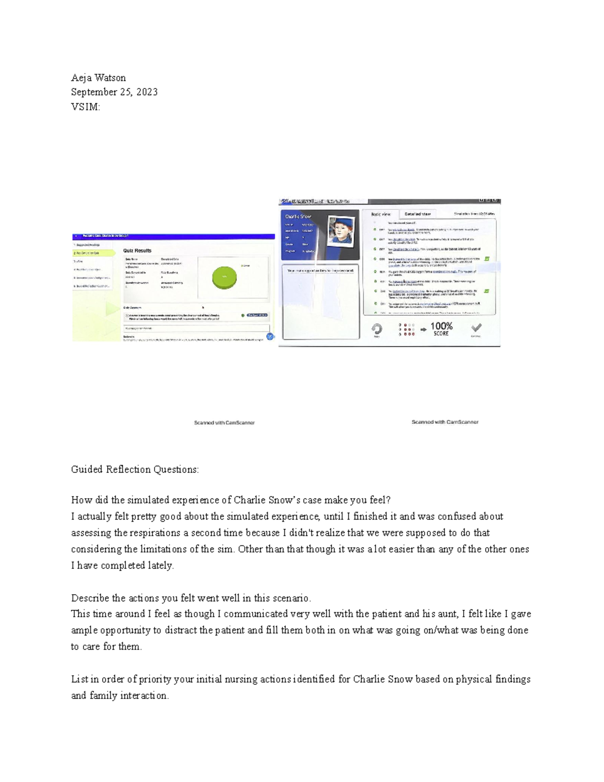 VSIM and Guided Reflection Questions Charlie Snow-2 - Aeja Watson ...