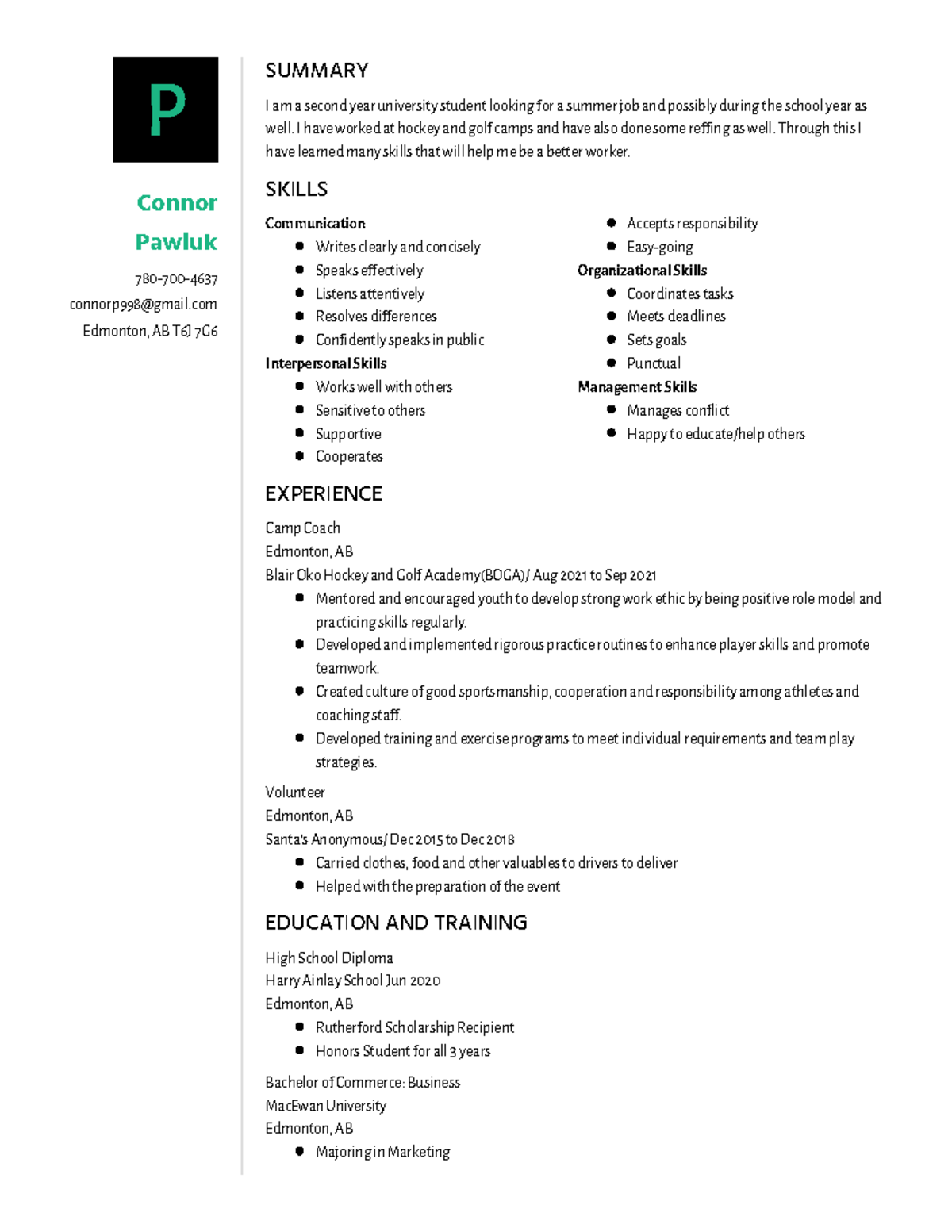 Connor Pawluk Resume - Good - P Connor Pawluk 780-700- connorp998@gmail ...