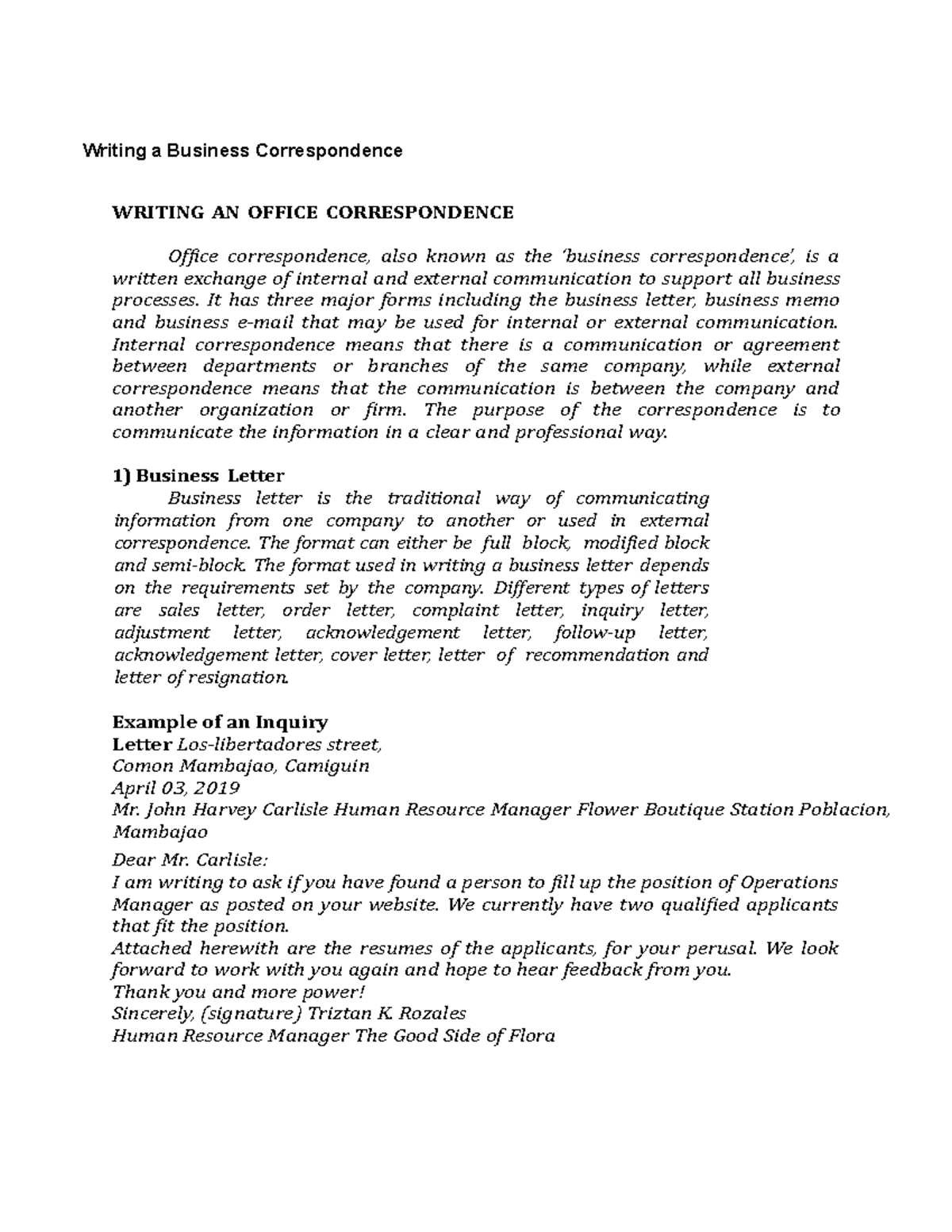 Chapter 10 - Writing a Business Correspondence - Writing a Business ...