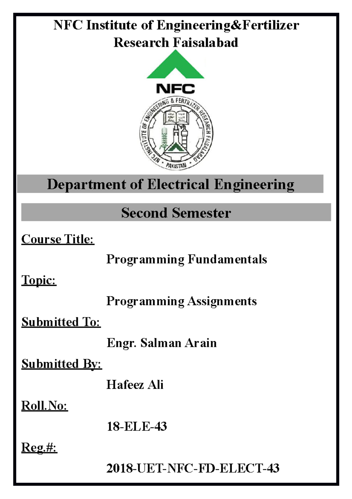 Assignment 2 - Second Semester Course Title: Programming Fundamentals ...