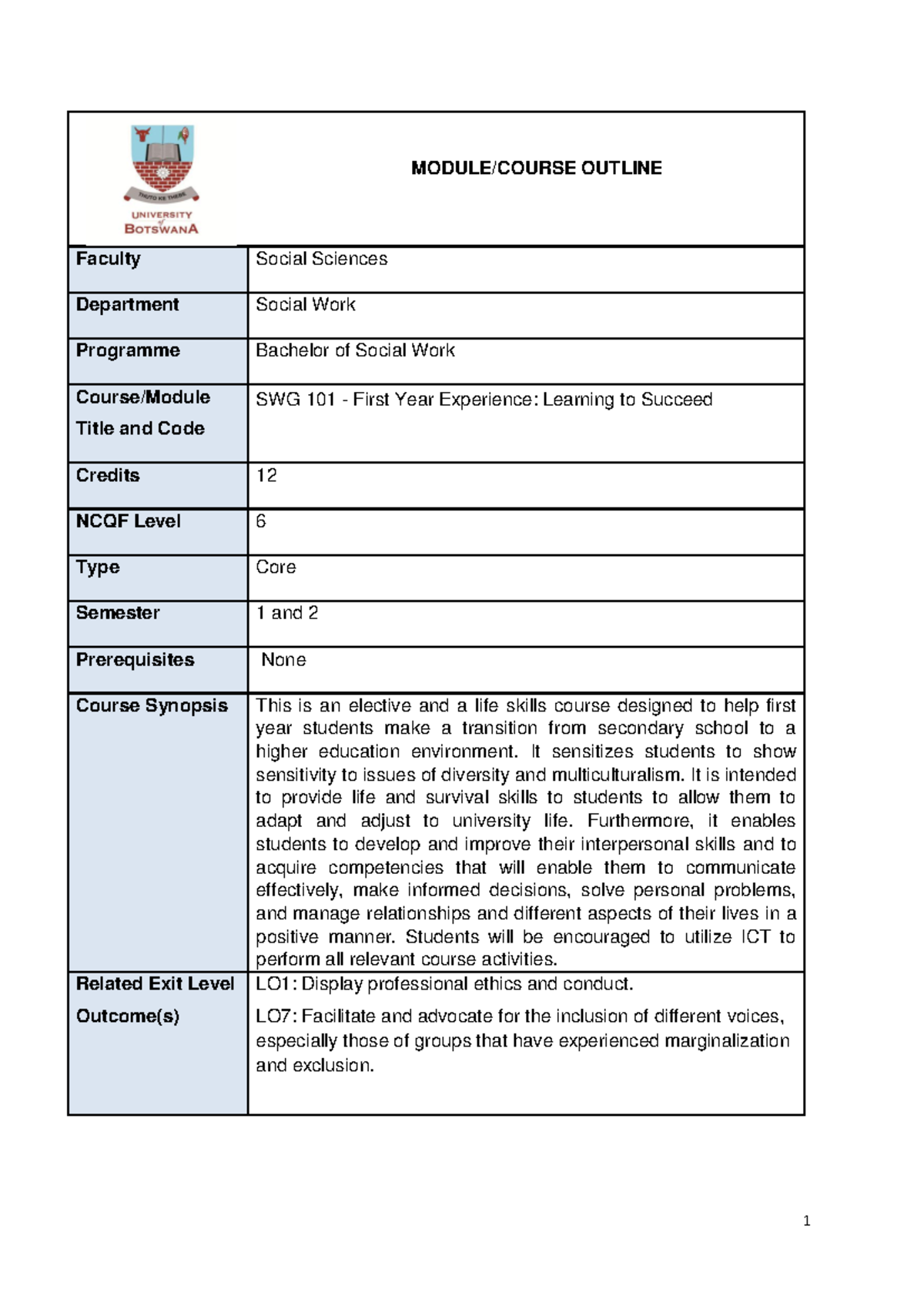 SWG 101 Course Outline - MODULE/COURSE OUTLINE Faculty Social Sciences ...