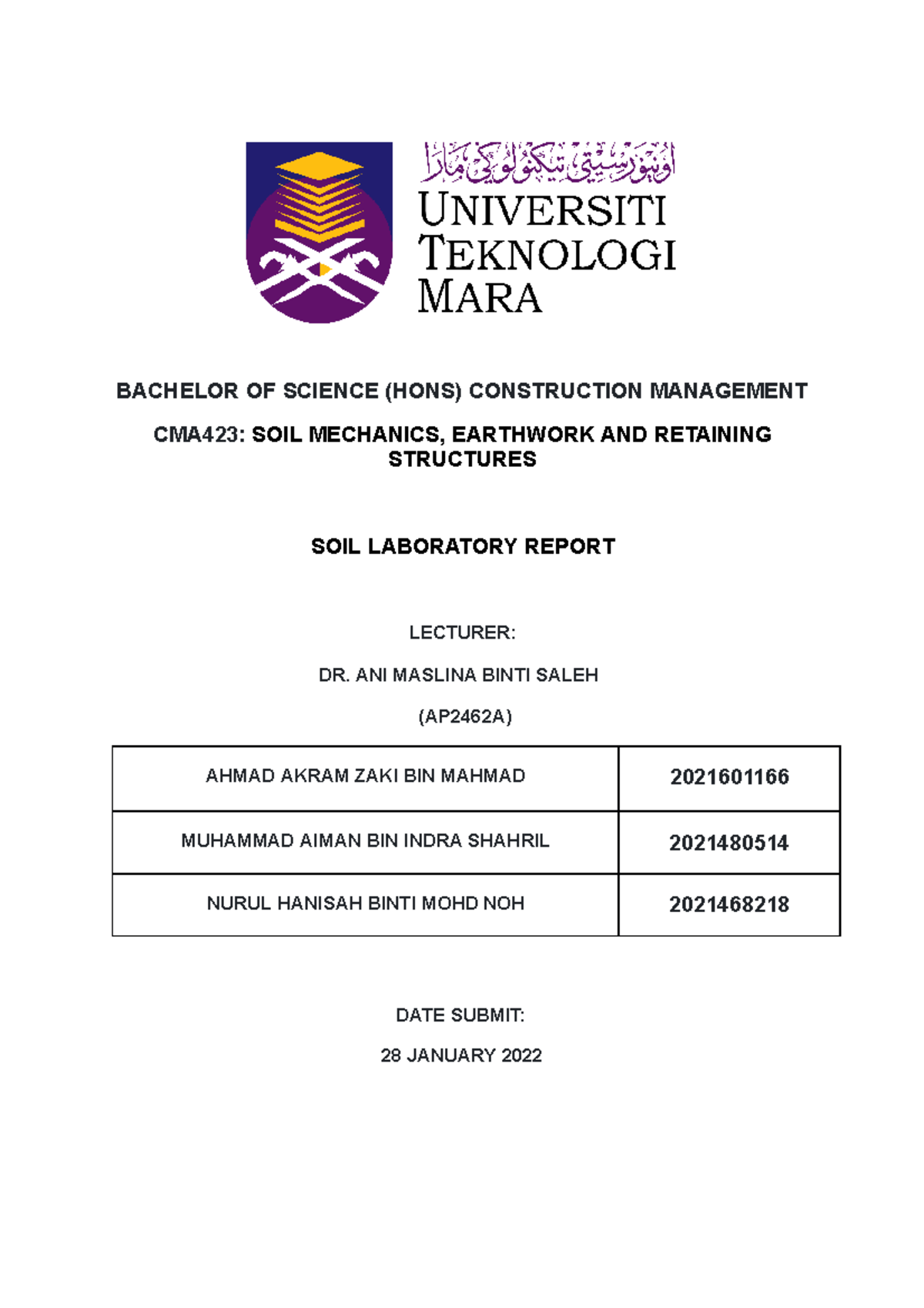 Lab report of soil - BACHELOR OF SCIENCE (HONS) CONSTRUCTION MANAGEMENT ...