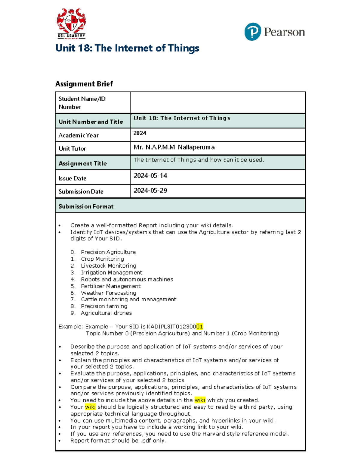 BTEC Level 3 Unit 18 Assignment 1 Batch 2 Kandy - Unit 18: The Internet of Things Assignment ...