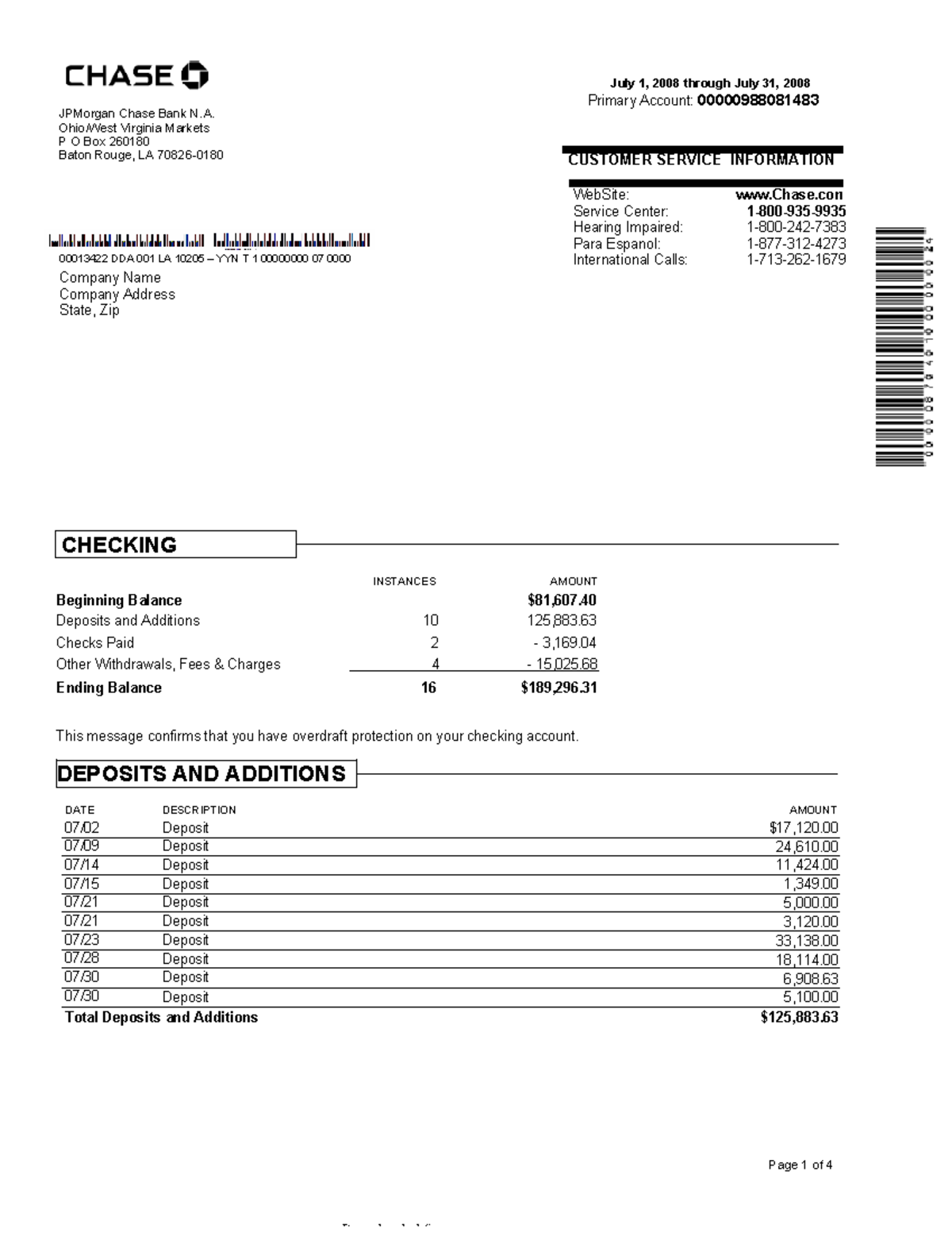 Bank statement template 20 - Primary Account: 00000988081483 DEPOSITS ...