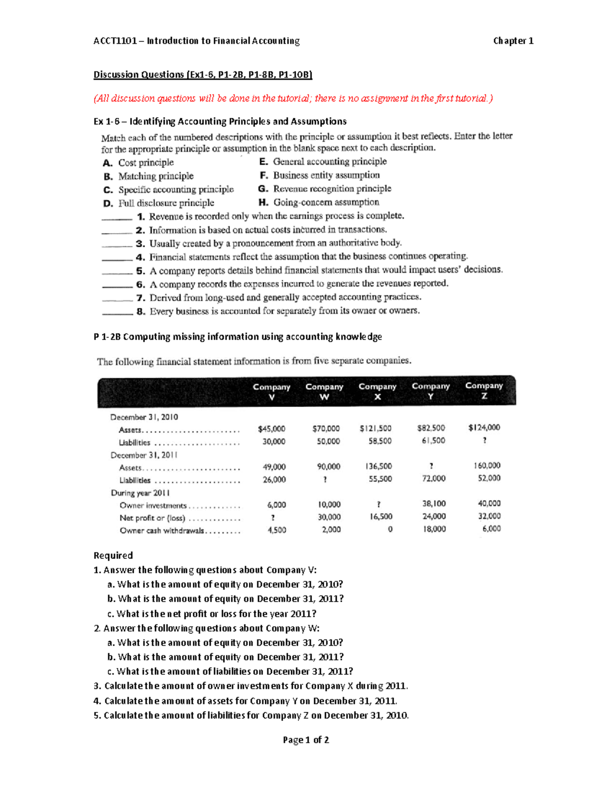 ACCT1101 1819 Questions Chapter 01 - ACCT1101 – Introduction to ...