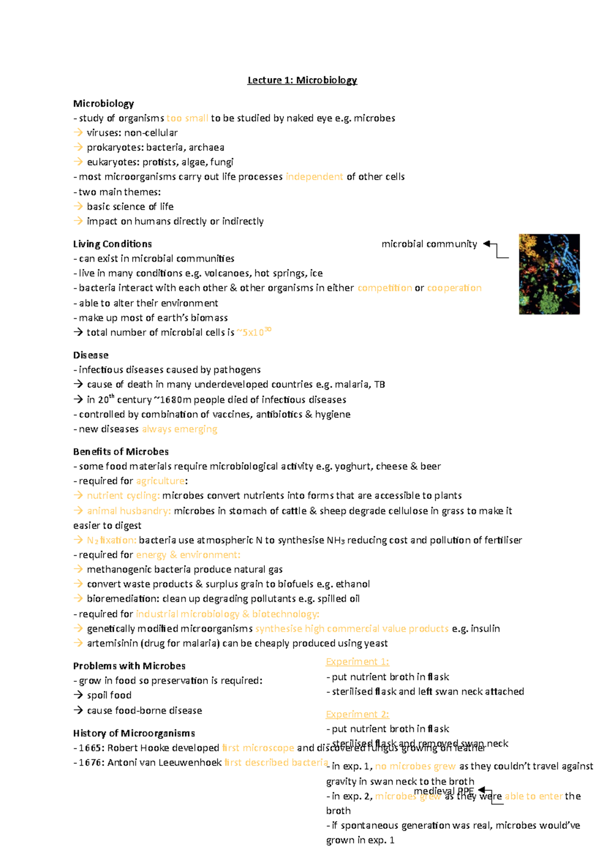 Notes; impacts of microbes - Lecture 1: Microbiology Microbiology study ...